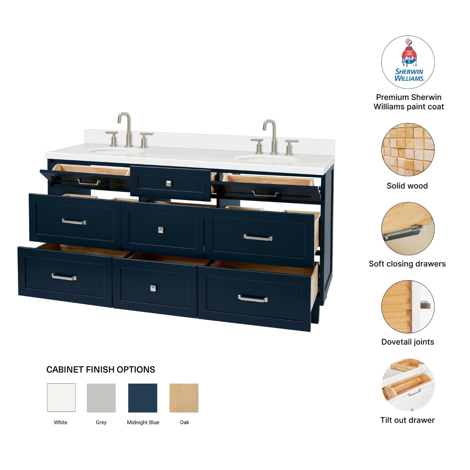 ARIEL Monroe 66-in Midnight Blue Undermount Double Sink Bathroom Vanity ...