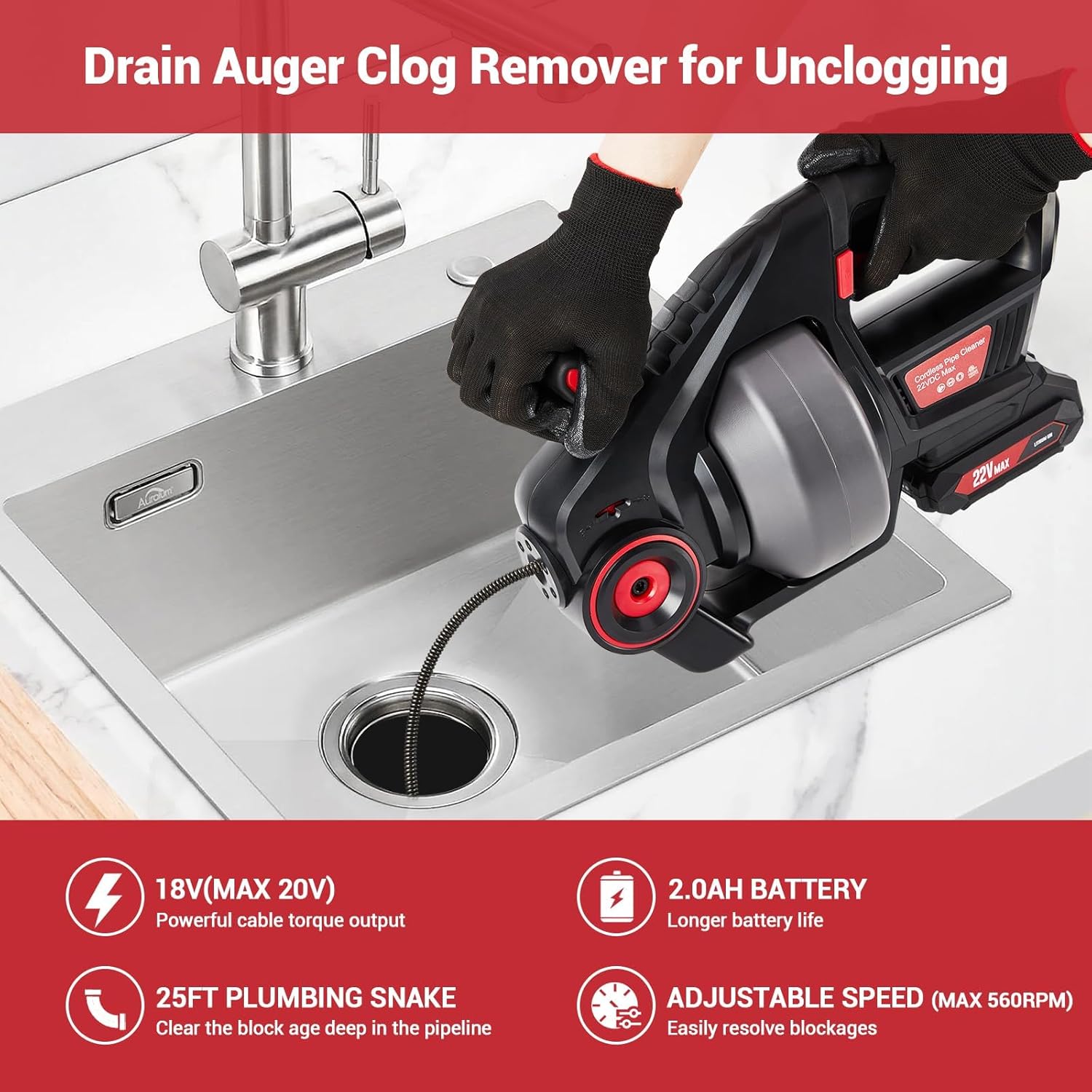 Garvee 22V Electric Drain Auger Auger Efficient 25Ft Auto Feed Drain ...