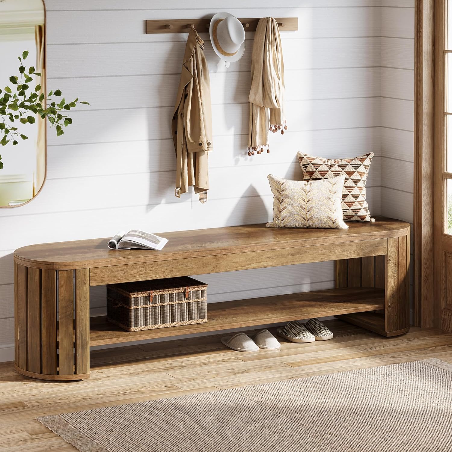 Tribesigns Farmhouse Brown Entryway Bench with Shoe Storage and Arc ...