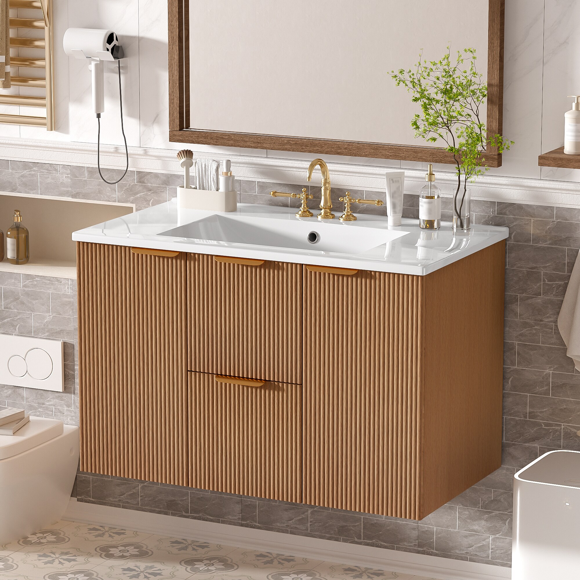 GDFStudio Velmor 36 in. Transitional Wall Mounted Floating Bathroom ...