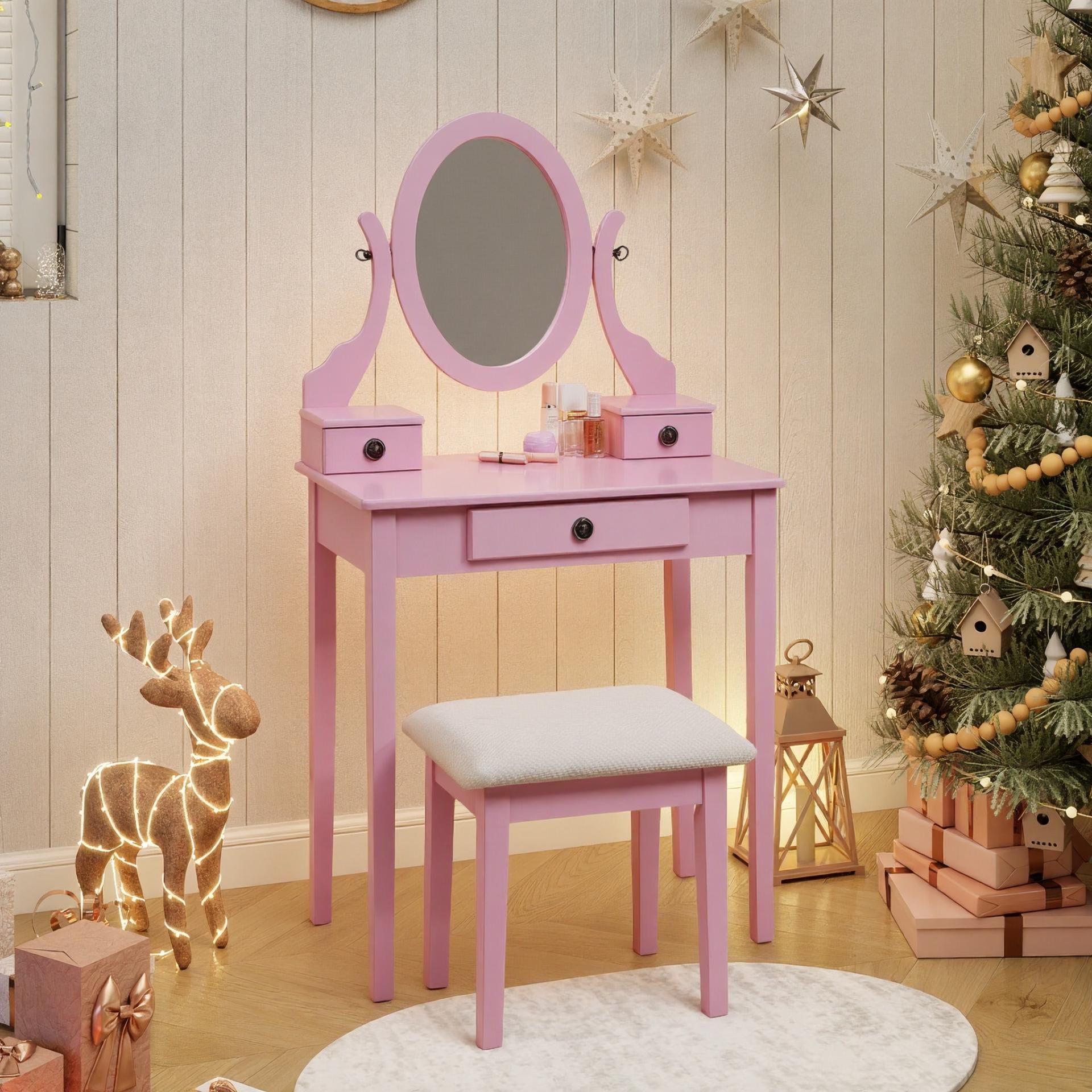 Afoxsos Pink Makeup Vanity Table and Stool Set Adjustable Oval Mirror 3 ...