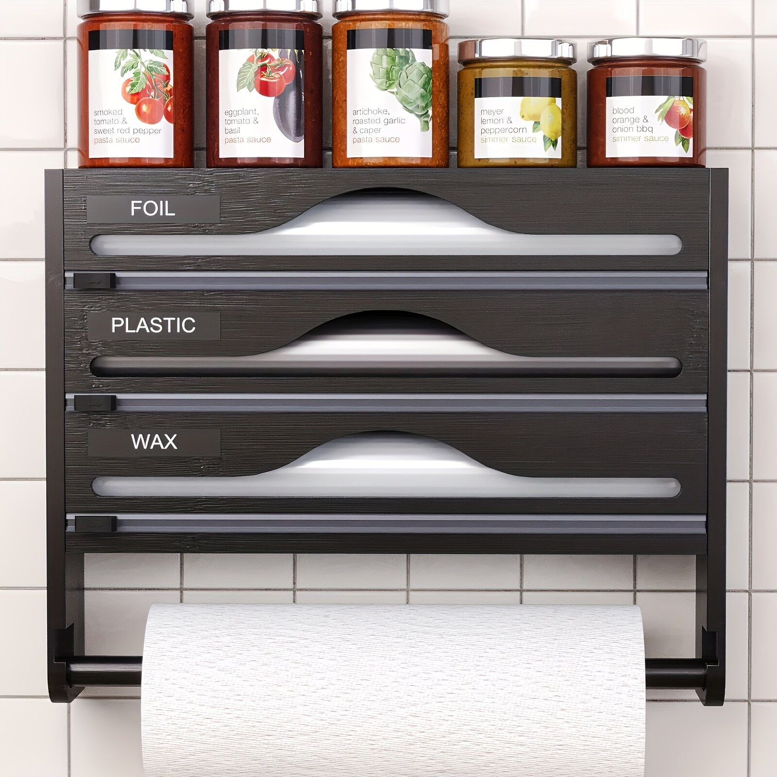 LOVMOR 3 Section Bamboo Kitchen Organizer Wrap Dispenser With Paper ...
