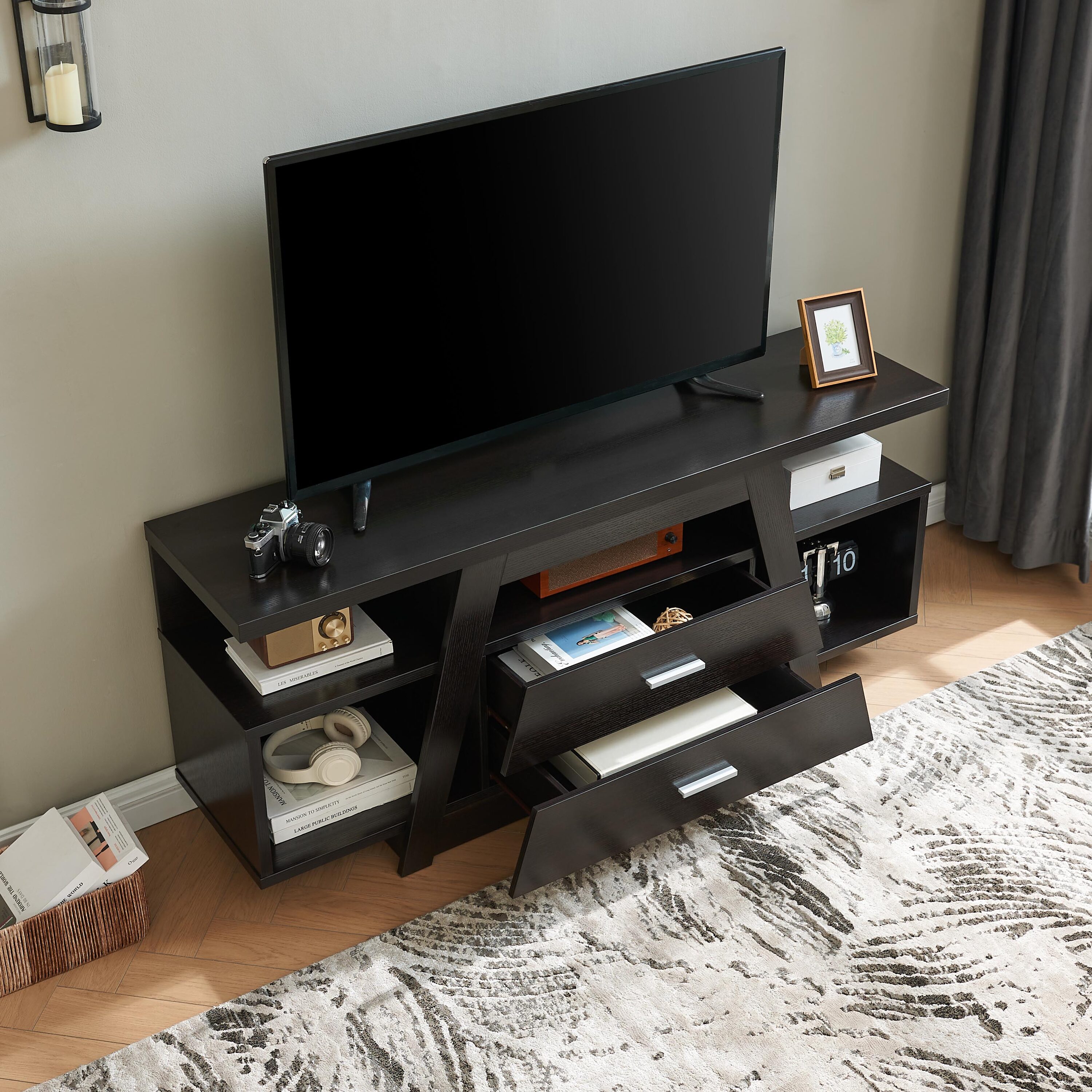 Huluwat Tall Two Drawer TV Stand with Divided Shelf and Two Cubbies for ...