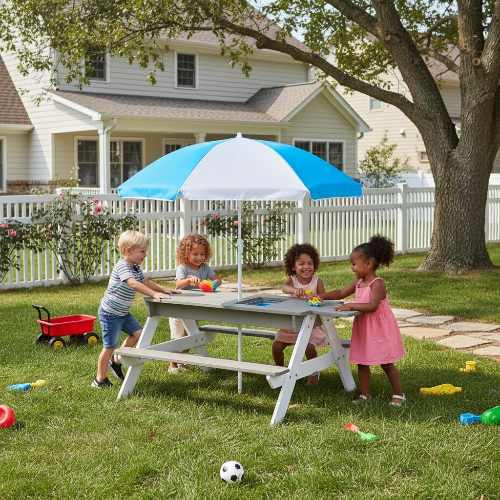 LUXEYARD Wooden Kids Picnic Table Sand and Water Table with Umbrella ...
