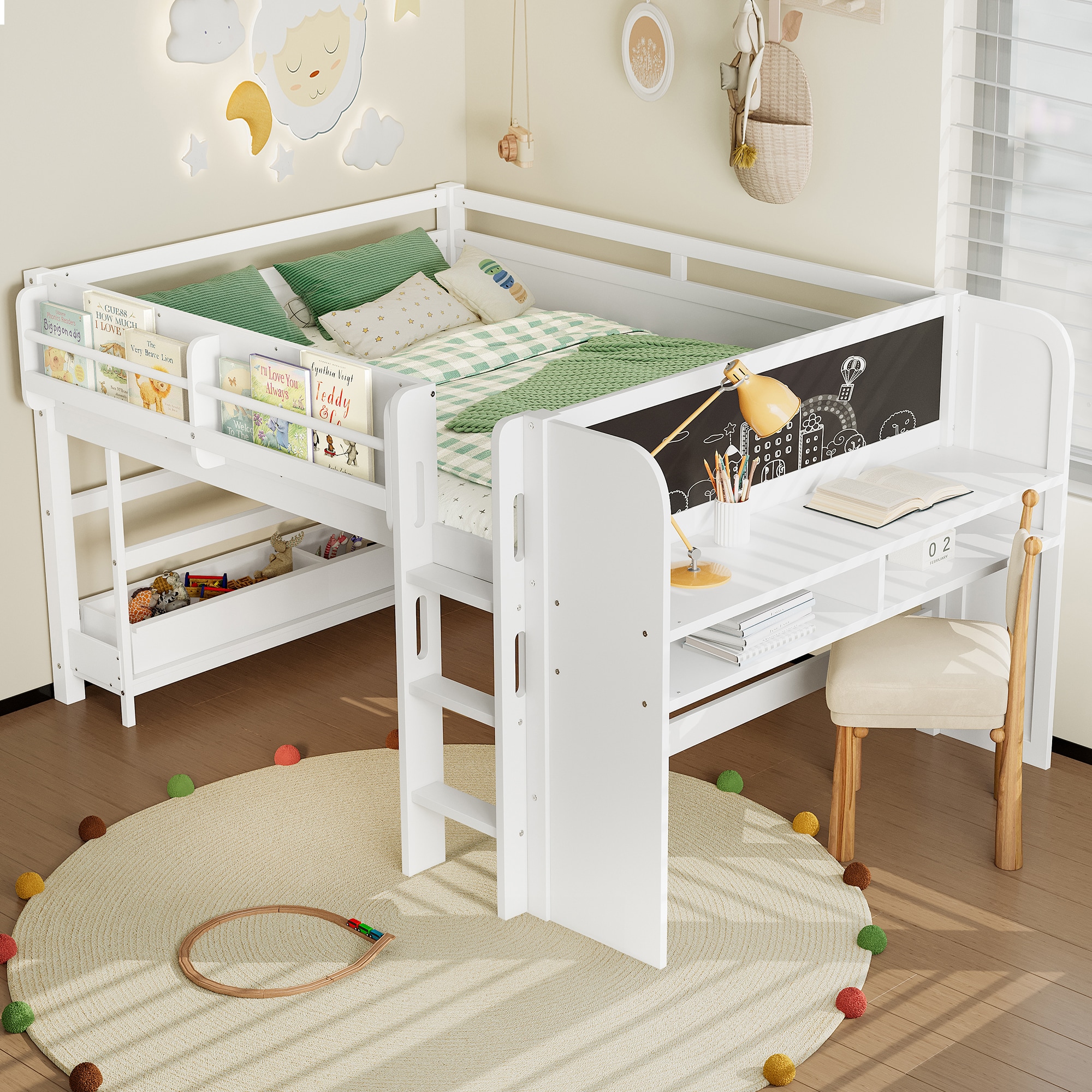 LUXEYARD Full Loft Bed with Multi-storage Bookcases Boxes and Drawers ...