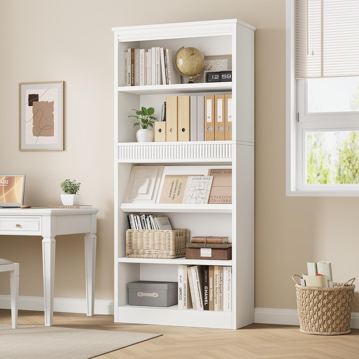Qeetex 71 Inch Tall Bookcase w/Display Rack and Fluted Design 5 Tier ...