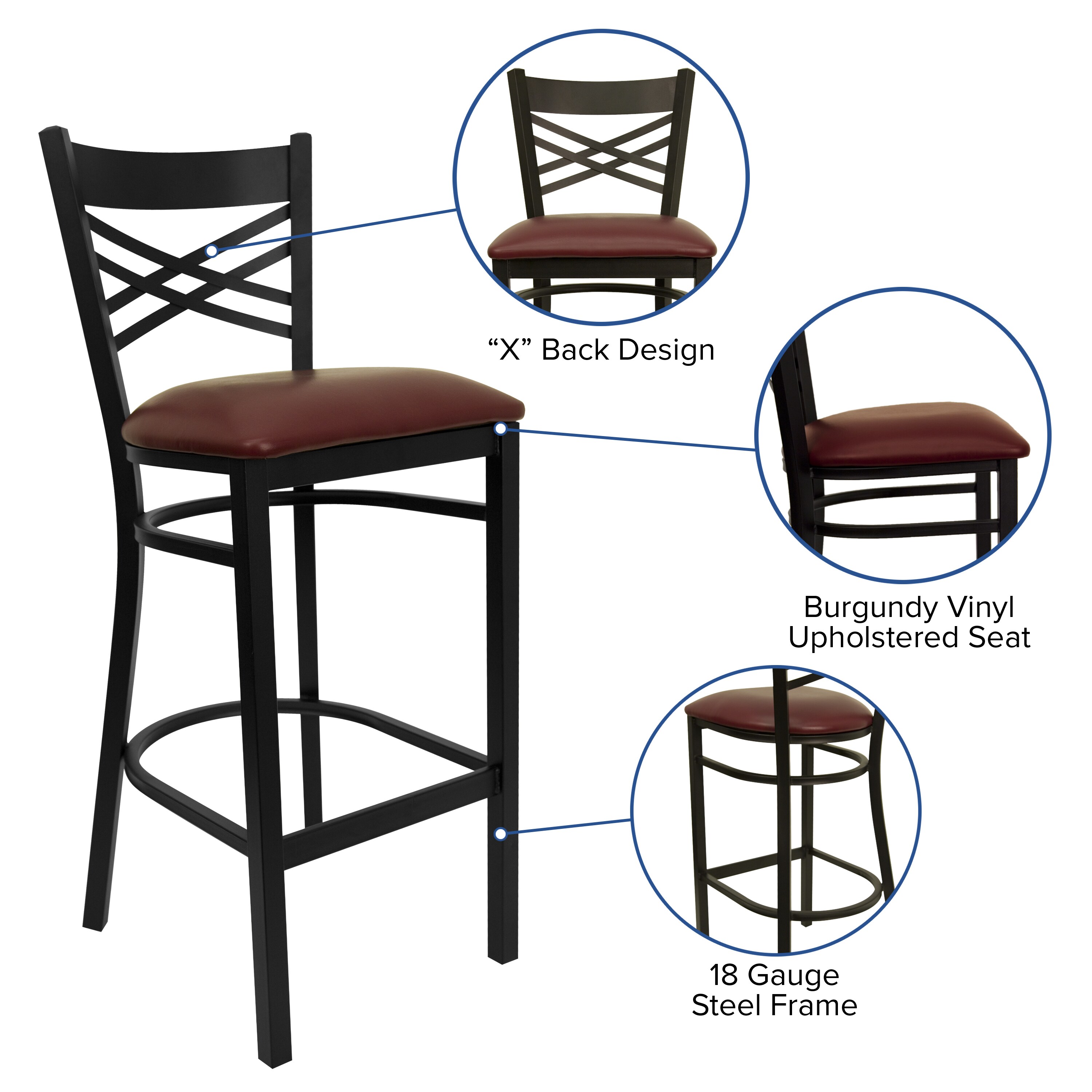 Emma + Oliver Black Metal X Back Barstool; Burgundy Vinyl Seat in the ...