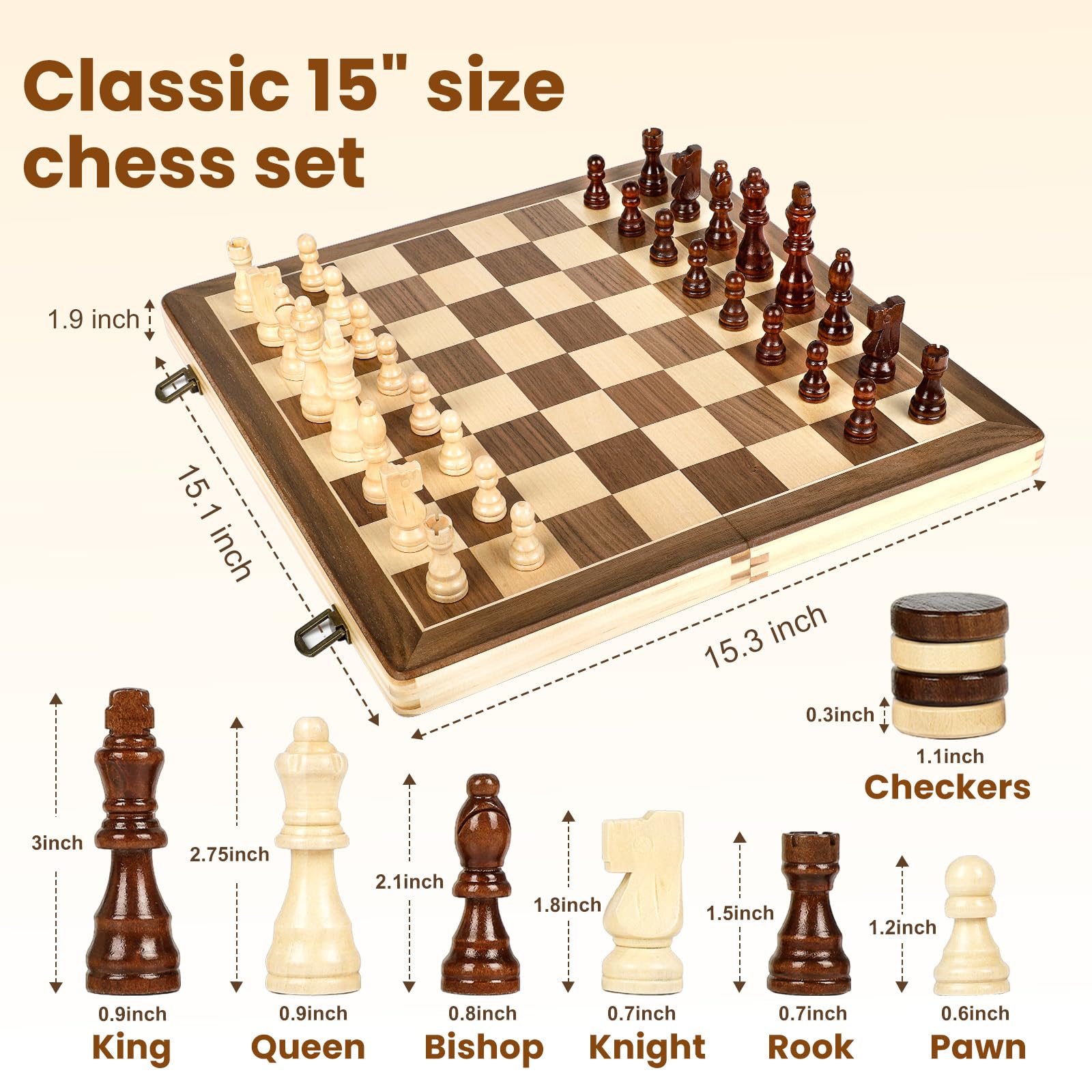 Aoibox Magnetic Wood Chess and Checker Set 15 x 15 Inch Foldable Board ...
