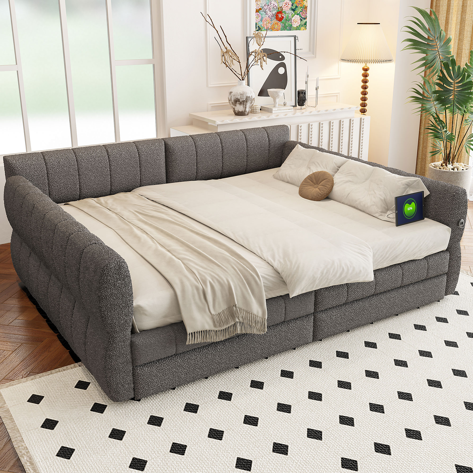 LUXEYARD Upholstered Platform Bed with USB and 2 Drawers Gray in the ...