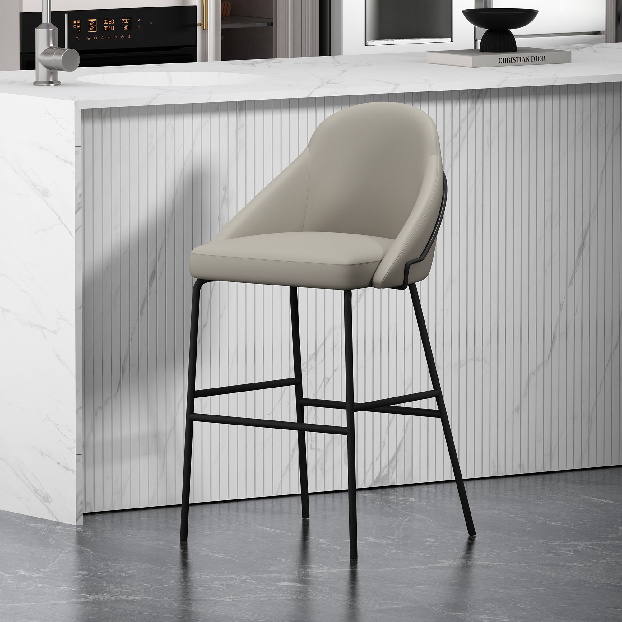 Manhattan Comfort Stone and Black 29.1-in H Bar height Upholstered ...