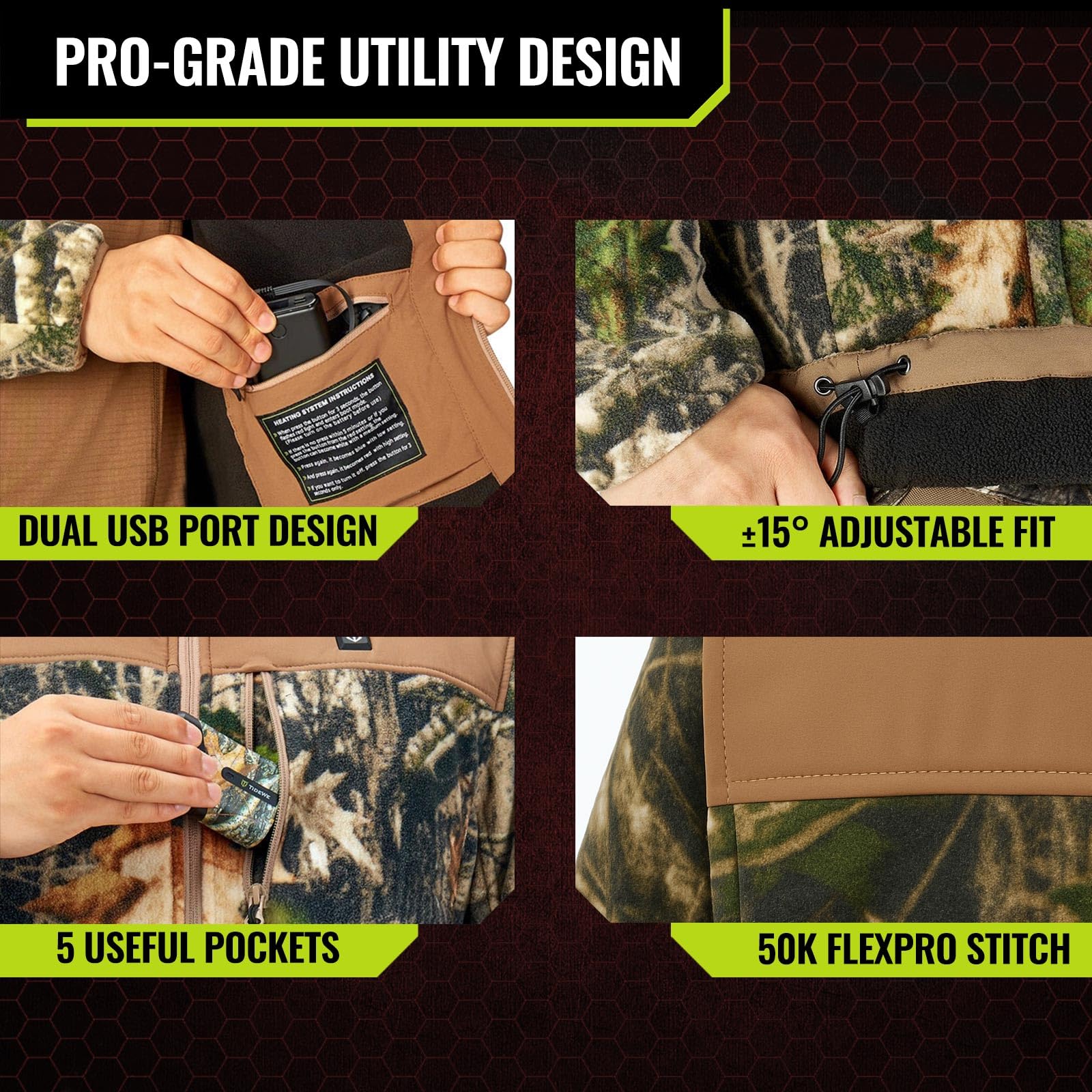 Tidewe HEATED JACKET PRO MEN RECHARGEABLE BATTERY FLEECE HUNTING COAT ...