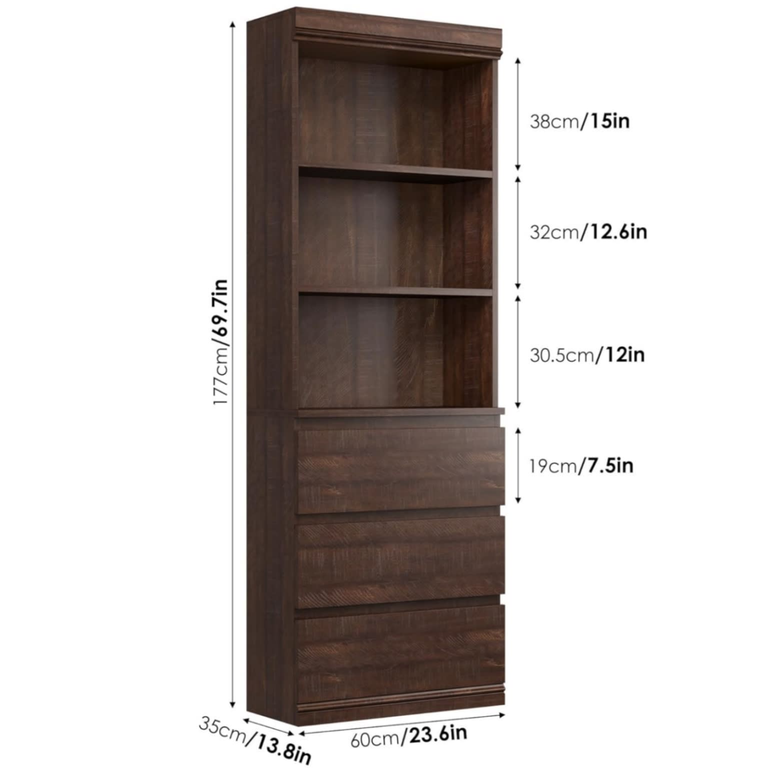 Garvee 70in H Bookcase with 3 Storage Drawers Tall Bookshelf w/ 3-Tier ...