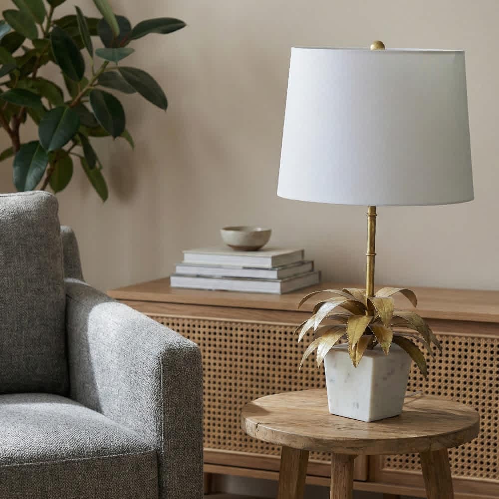 Coolbibila Marble Table Lamp Drum Shade Brass Bamboo Stem Gold Leaf ...