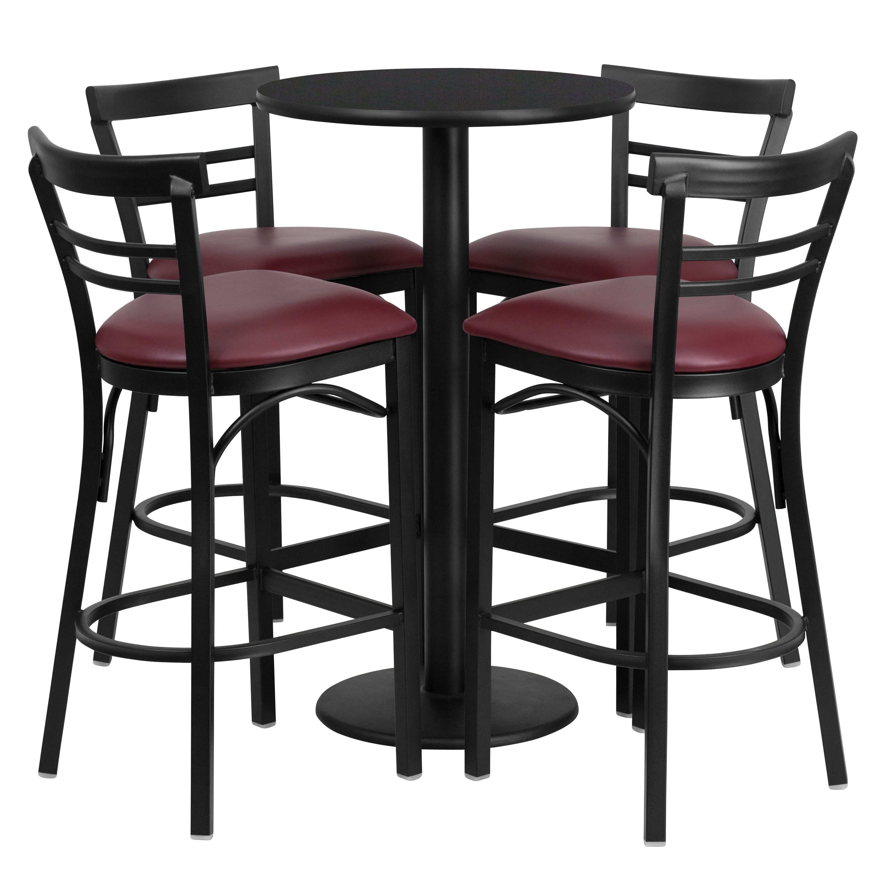 Emma + Oliver 24RD Black Table Set-RD Base-4 2Slat Back Stools;Burgundy ...