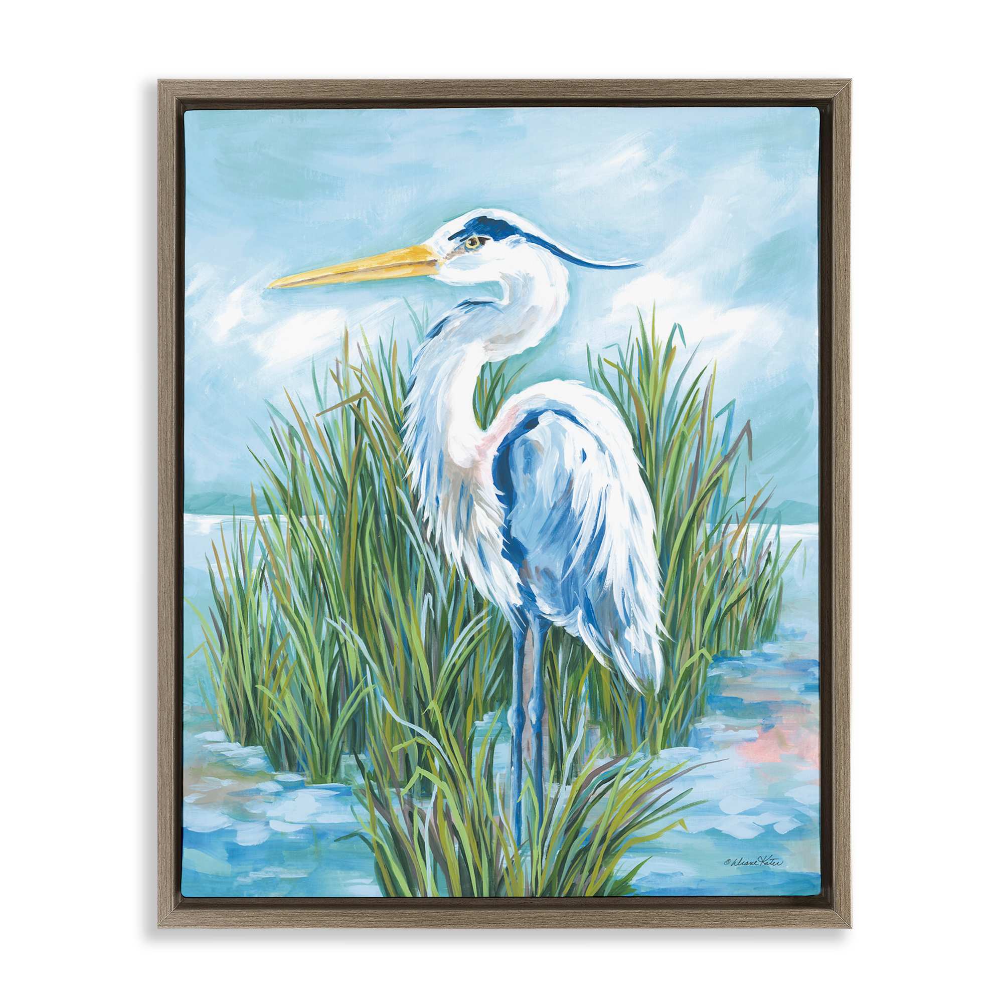 Stupell Industries Coastal Heron Bird Brown Framed Floater Canvas Wall ...