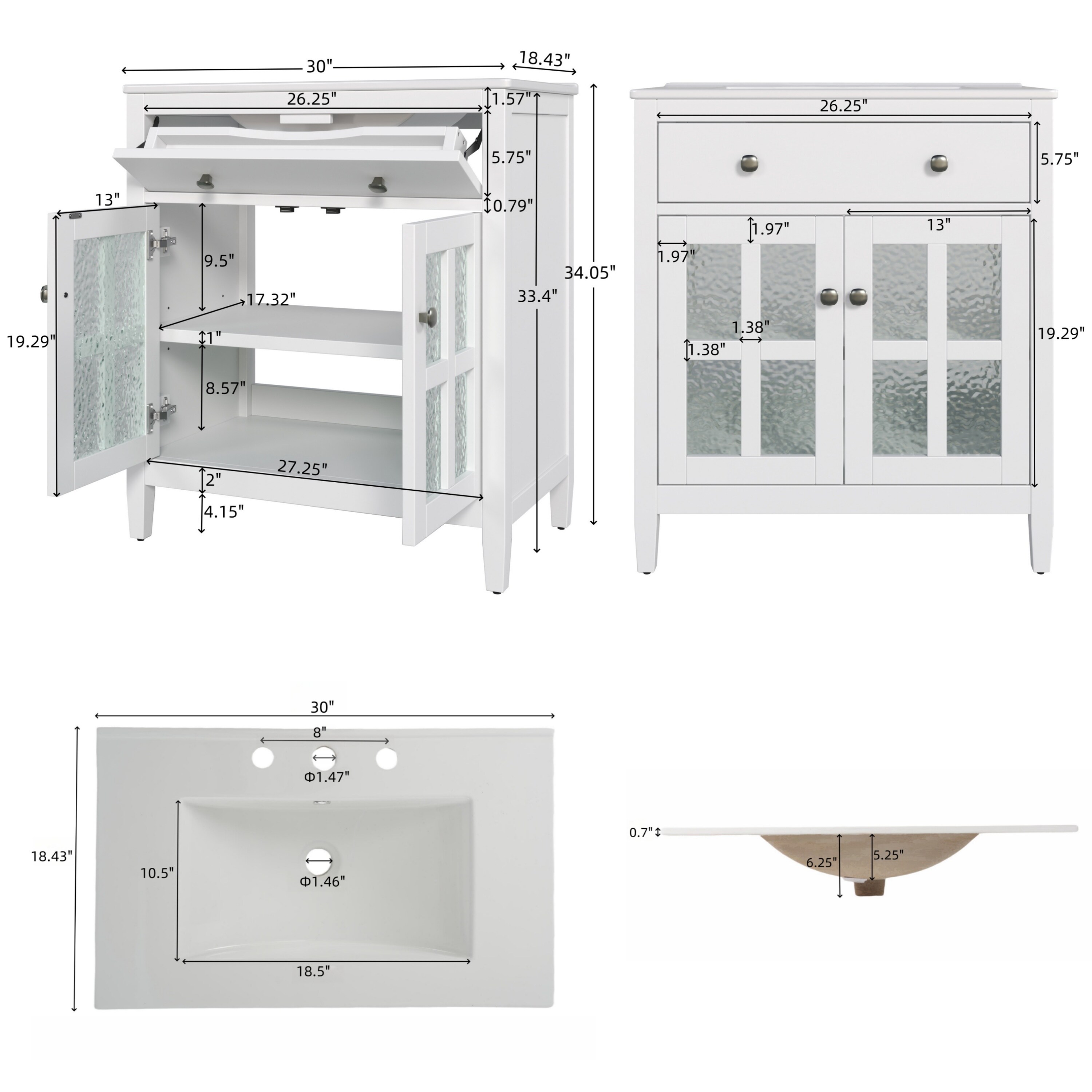 Wooakway 30 Inch Bathroom Vanity with Ceramic Sink Adjustable Shelf and ...