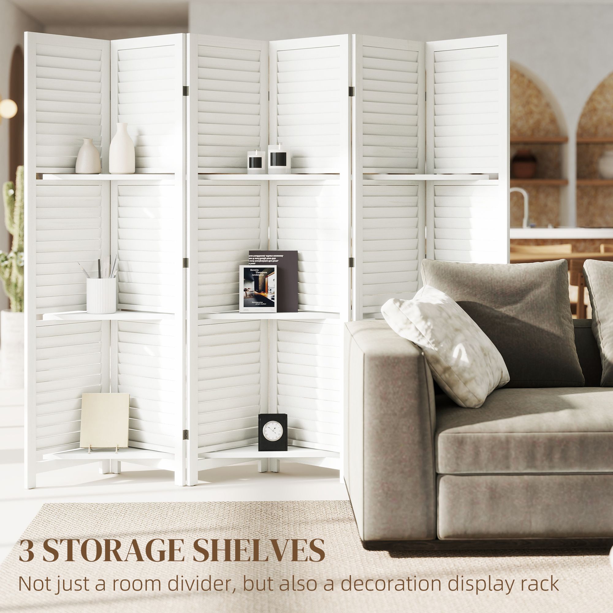 JUSHUA 6 Panel 67 Tall Wood Privacy Screen Room Divider with 3 Shelves ...