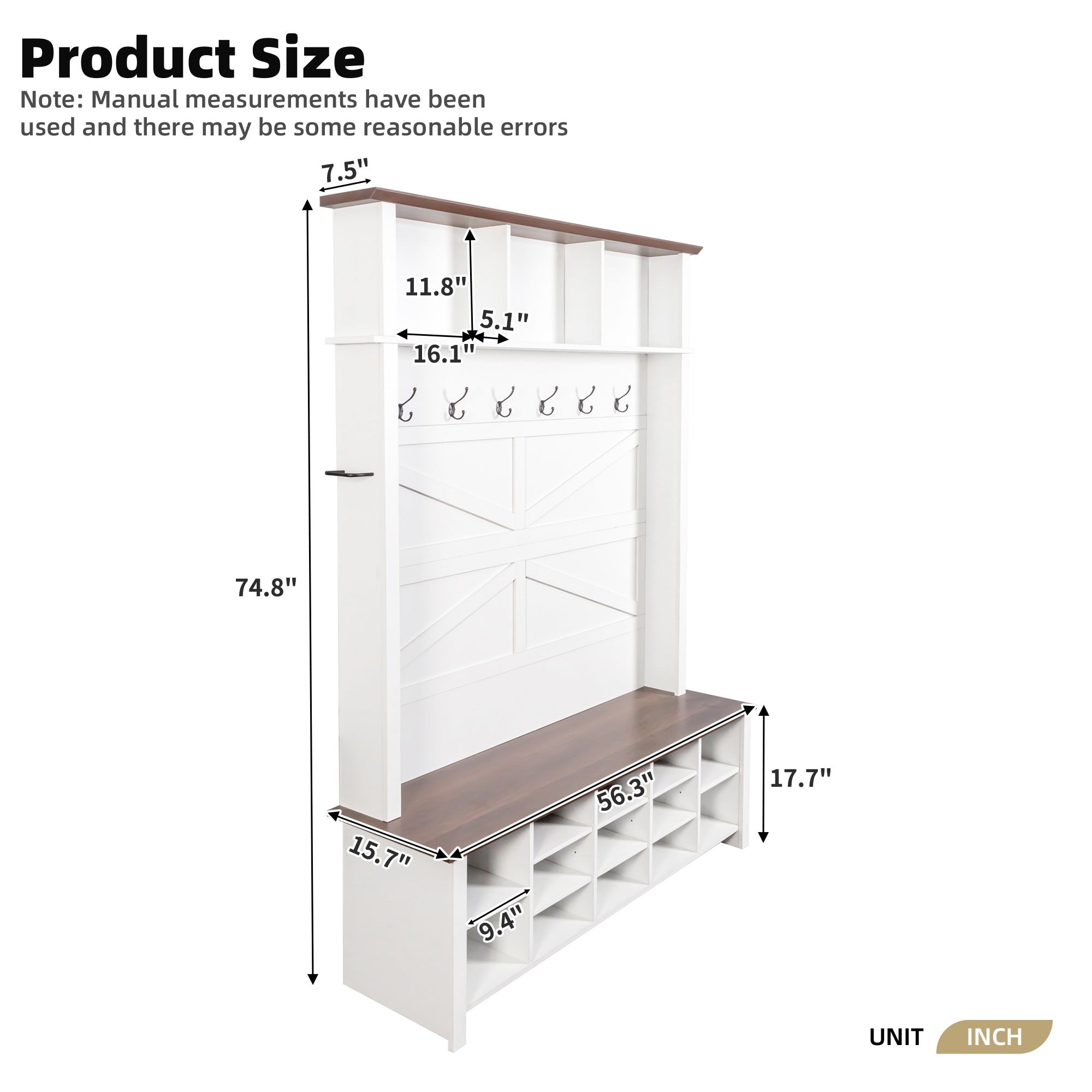 Clihome with 6 Hooks Farmhouse 56.3-in White and Walnut Wood Hall Tree ...