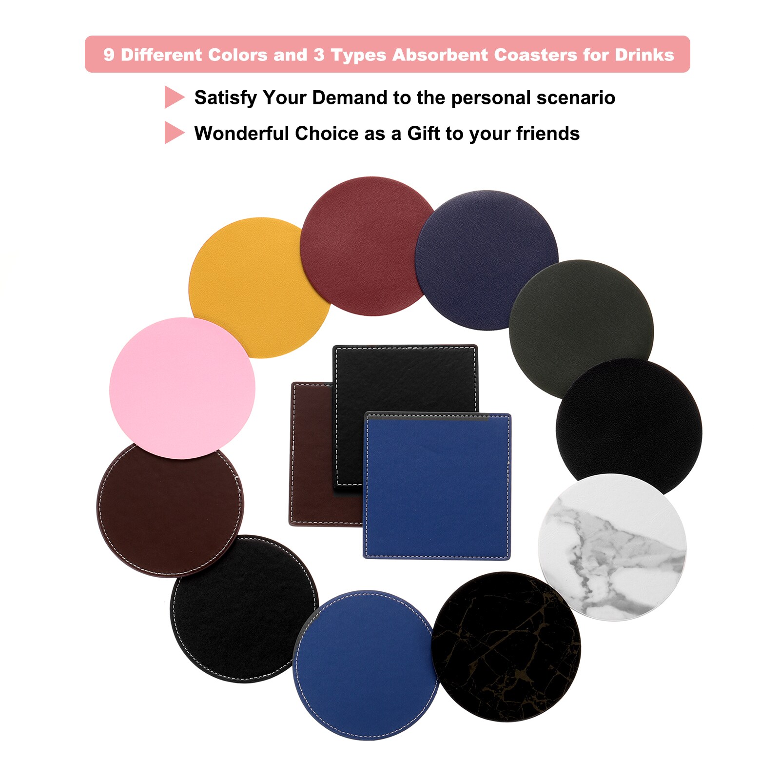 Unique Bargains Square Drink Coasters Set of 8 White Stitched Dual ...