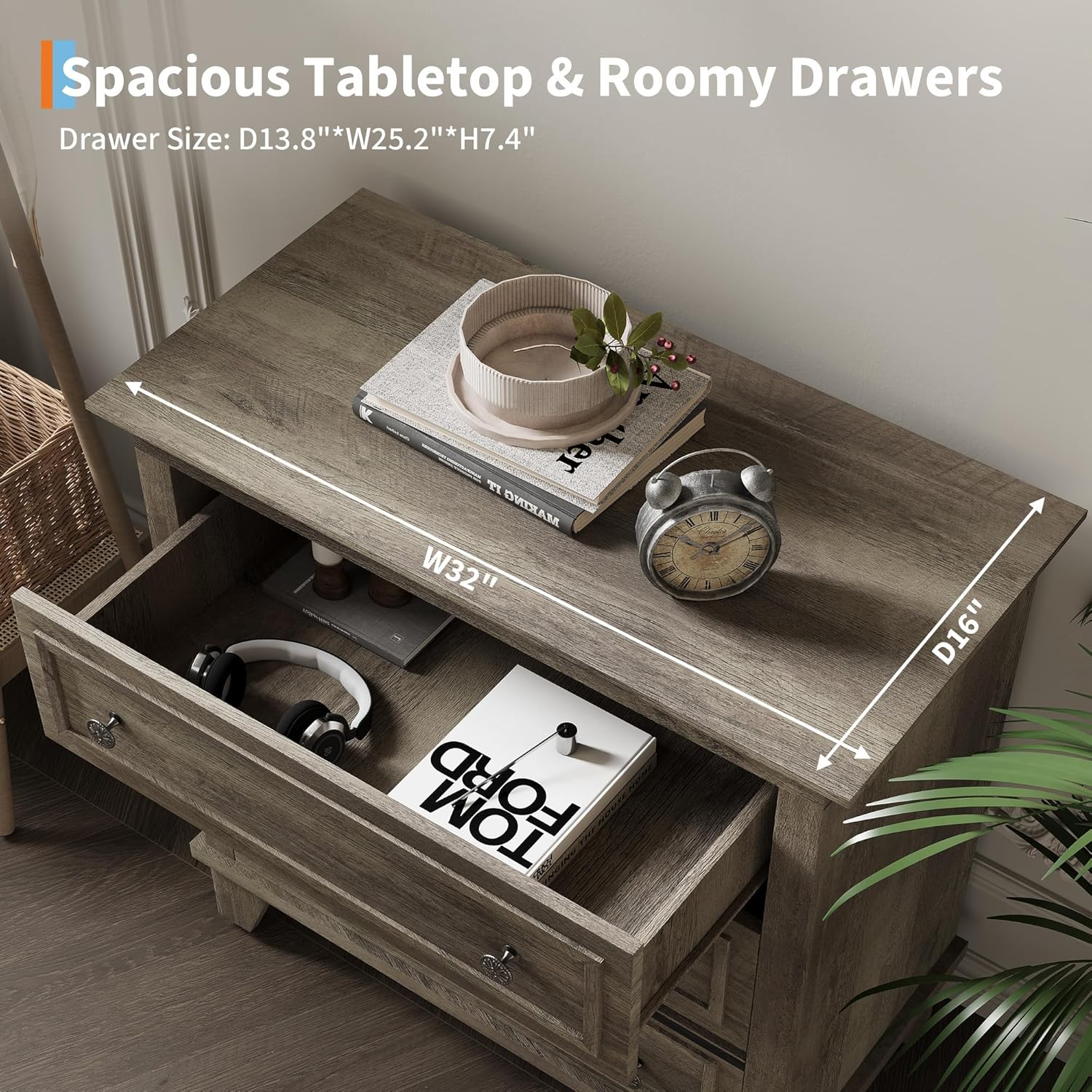 Qeetex Grey 3 Drawer Dresser for Bedroom Wide Chest of Drawers with ...
