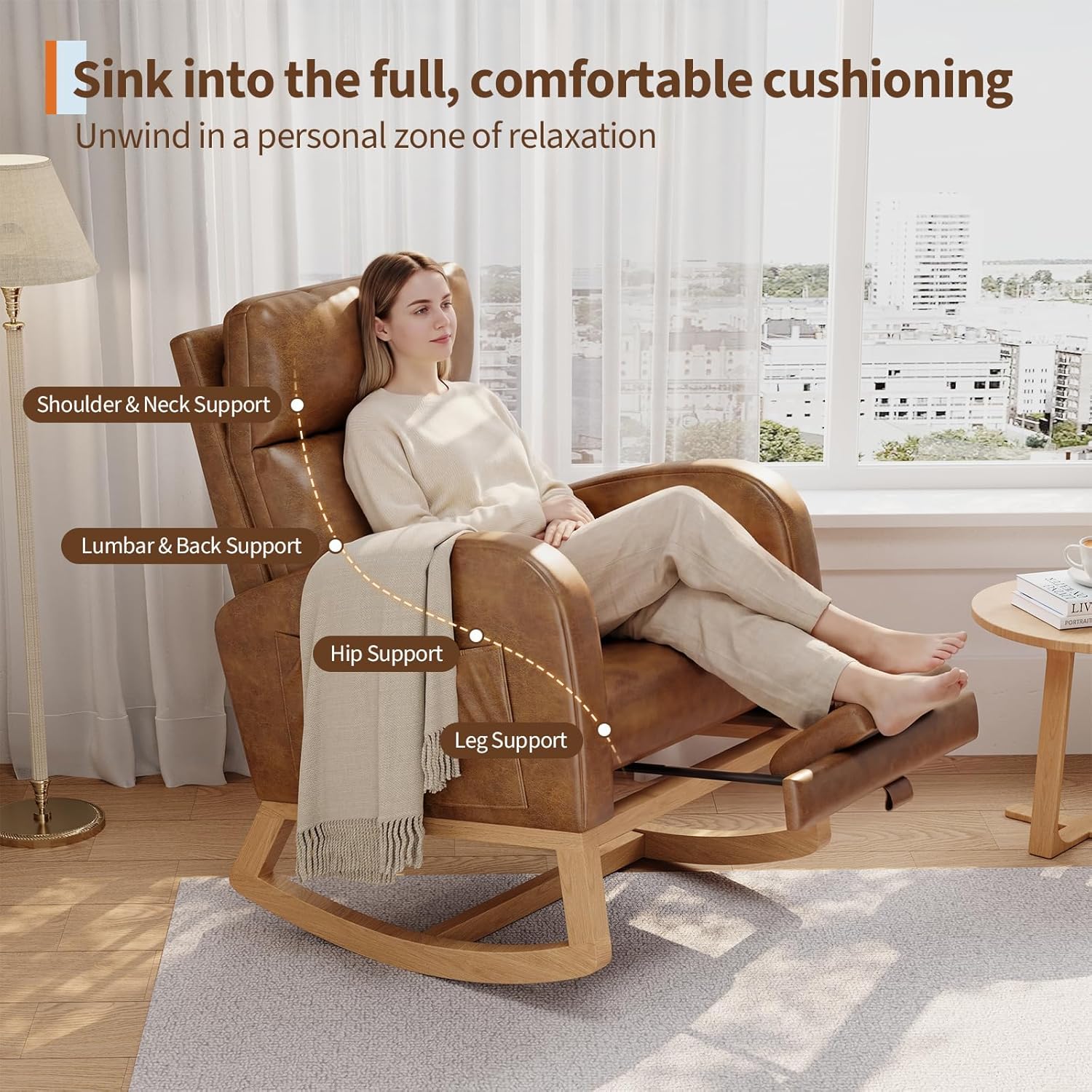 Garvee PU Leather Rocking Chair with Footrest Modern Glider Chair with ...