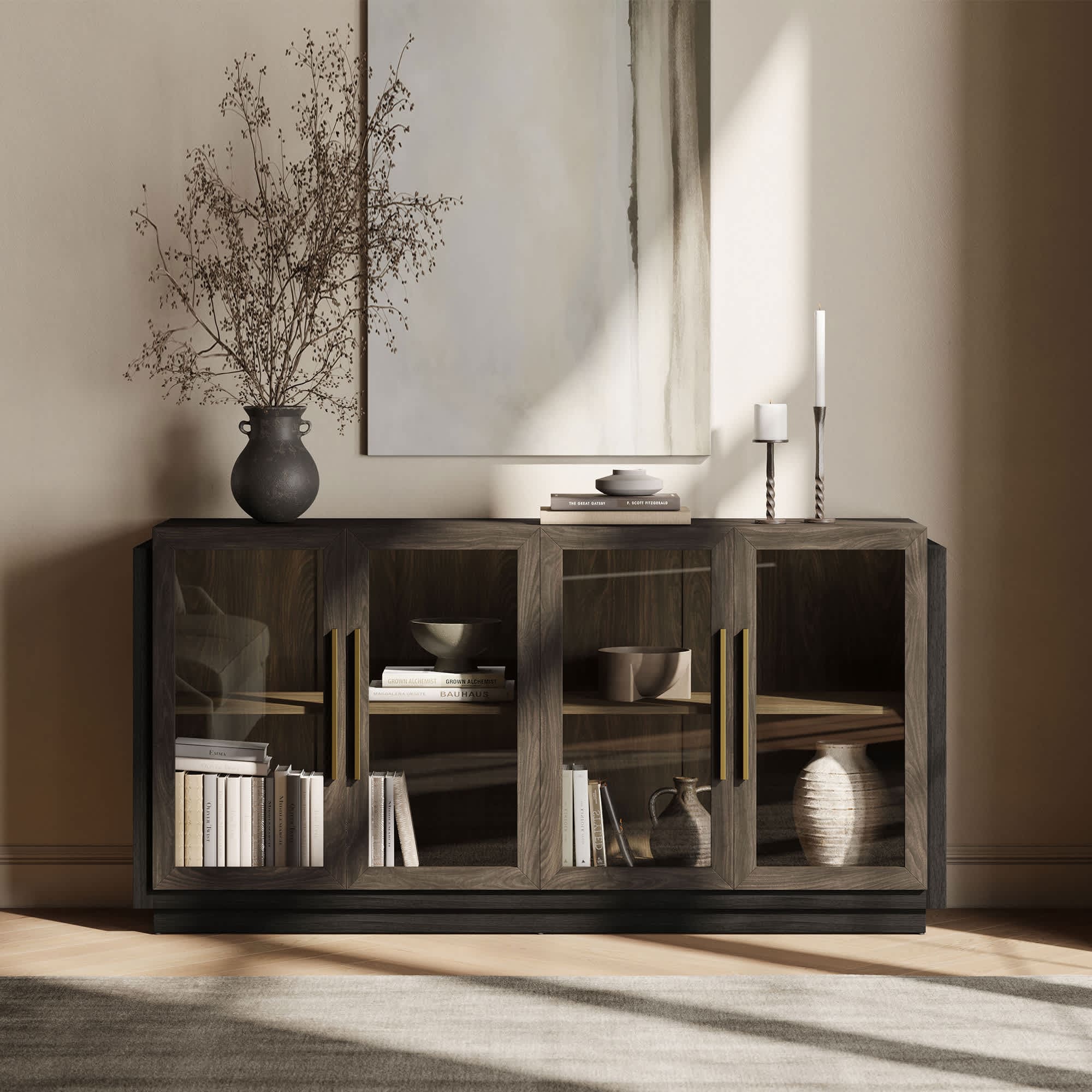 Belleze Sideboard Buffet Cabinet Modern Wood Glass Sideboard Console ...