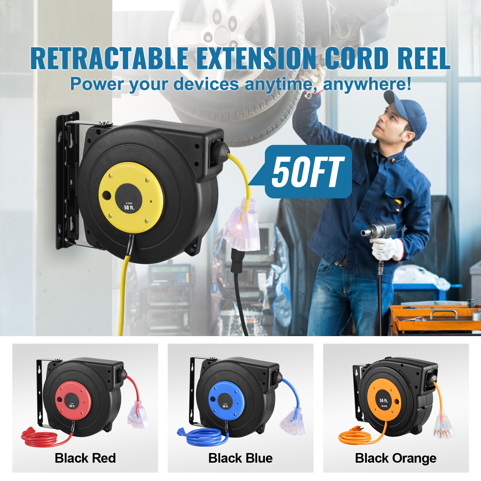VEVOR Retractable Extension Cord Reel, 50 FT, Heavy Duty 14AWG/3C SJTOW ...