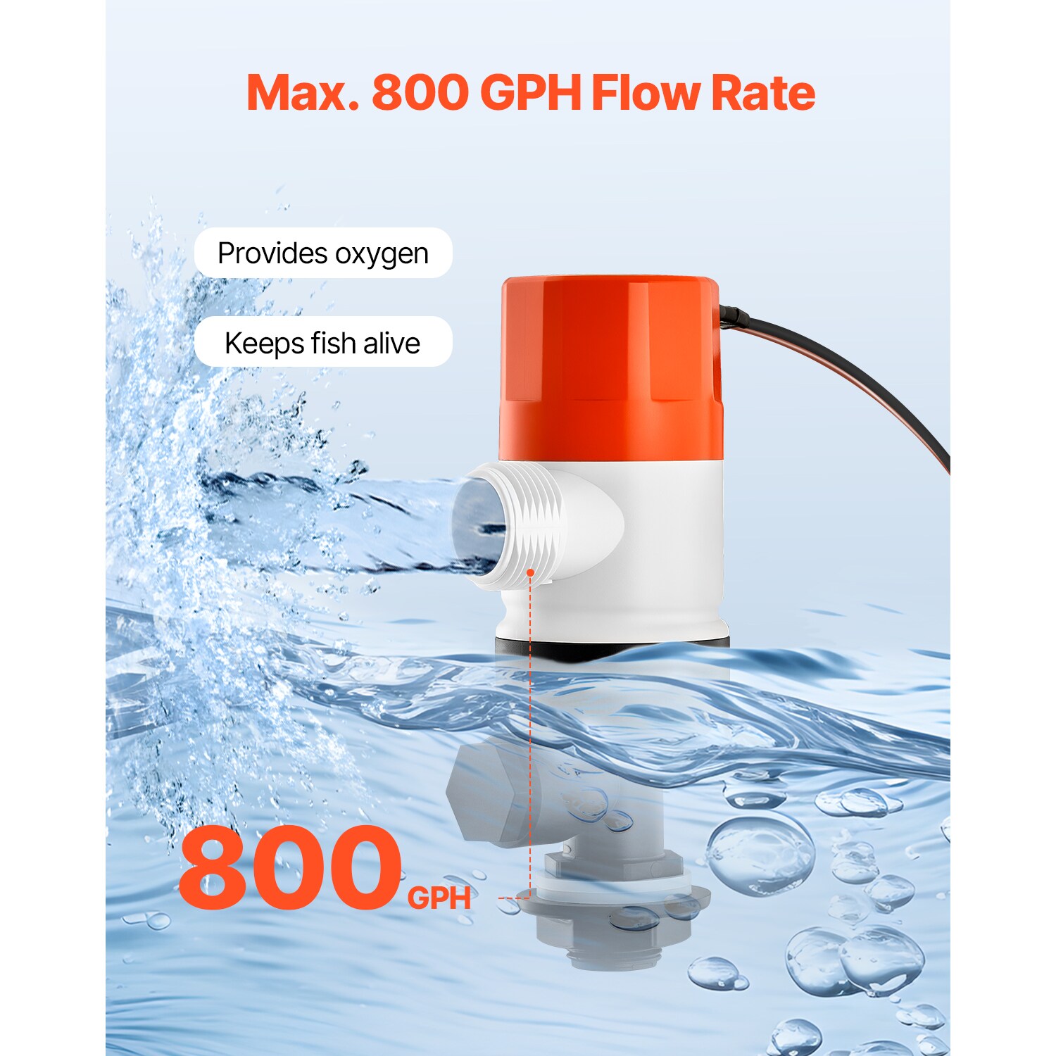 VEVOR Livewell Pump for Boat 12V 800 GPH Straight Livewell Aerator Pump ...