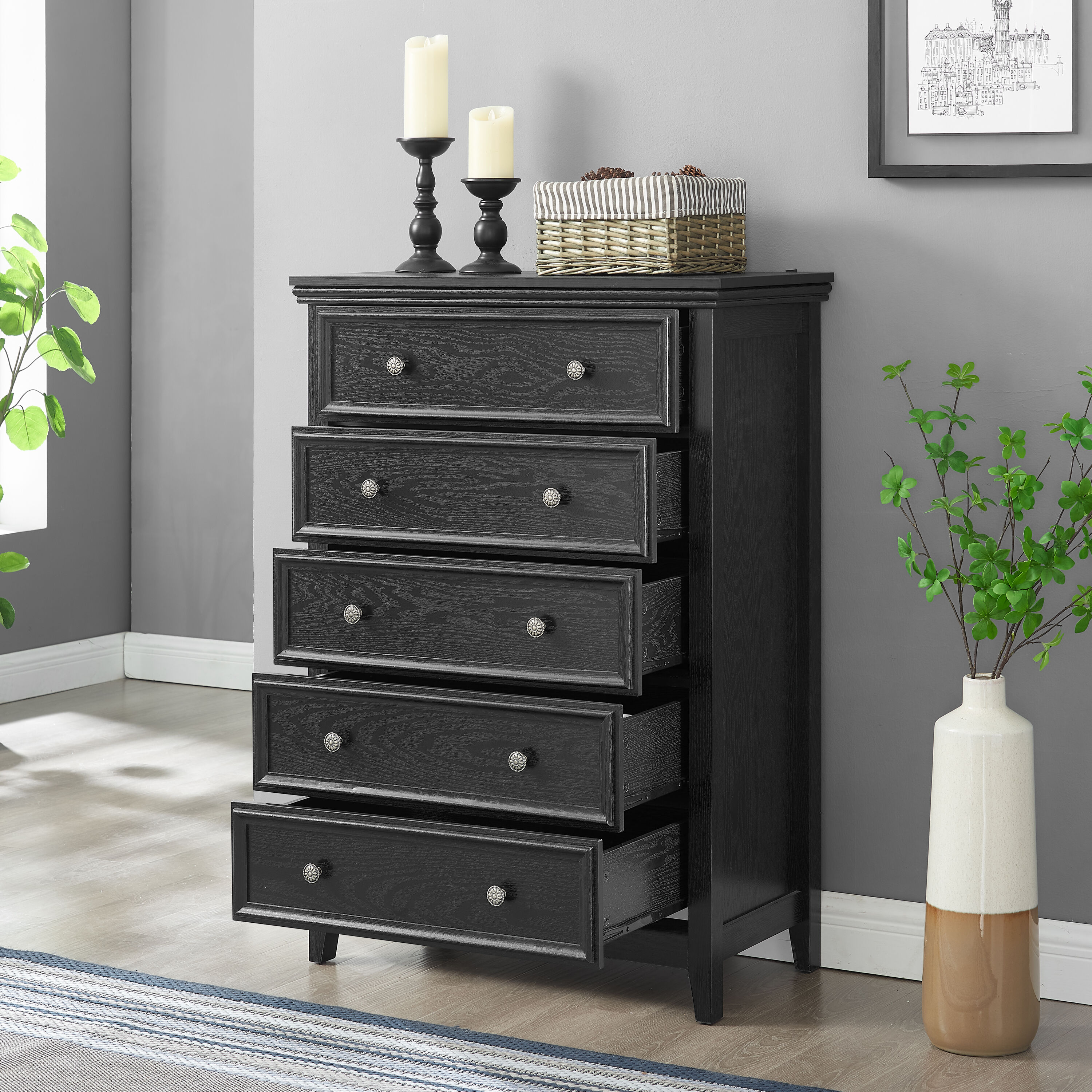 LOVMOR Black Modern 5 Drawer Dresser Chest Closet Organizer Living Room ...