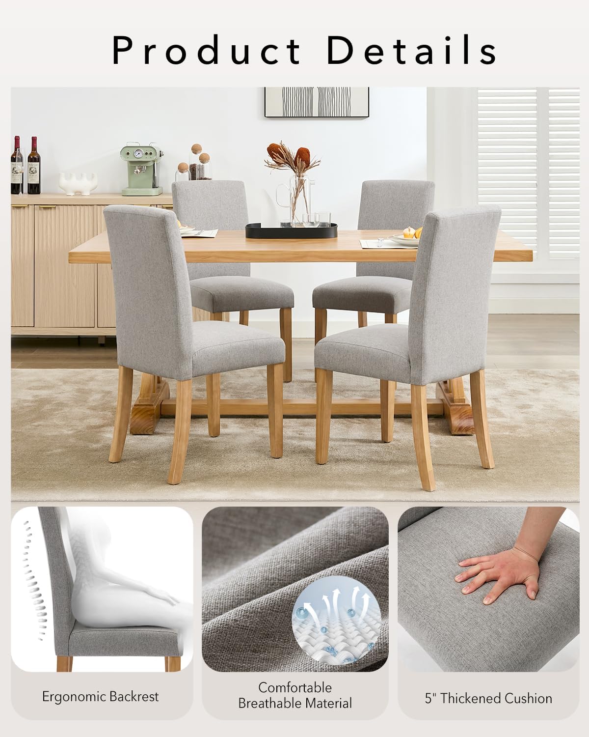 GAOMON Fabric Dining Chairs Set of 6 Ergonomic Curved Back 265 lbs ...
