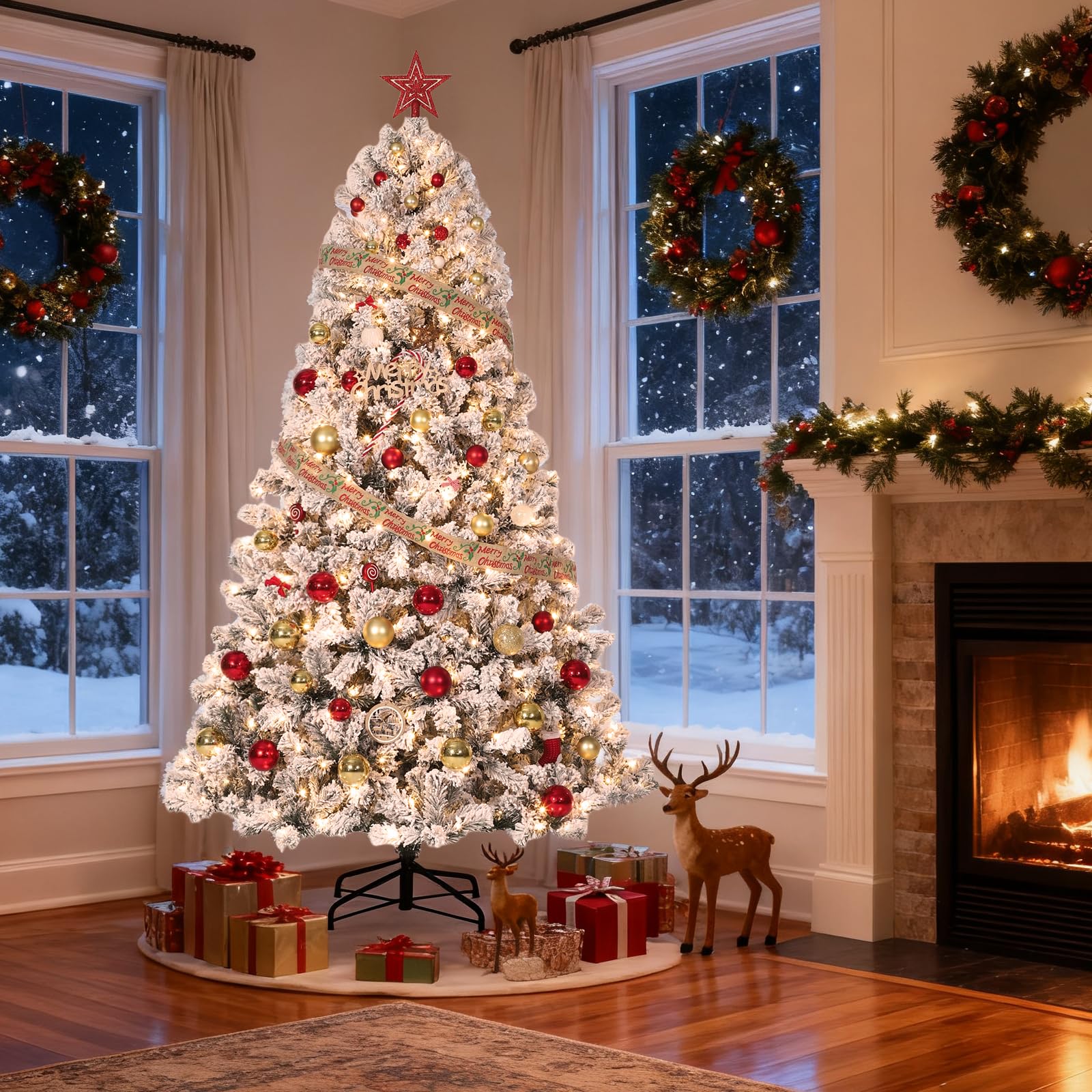 Garvee 6 ft Prelit Snow Flocked Spruce Artificial Christmas Tree with ...