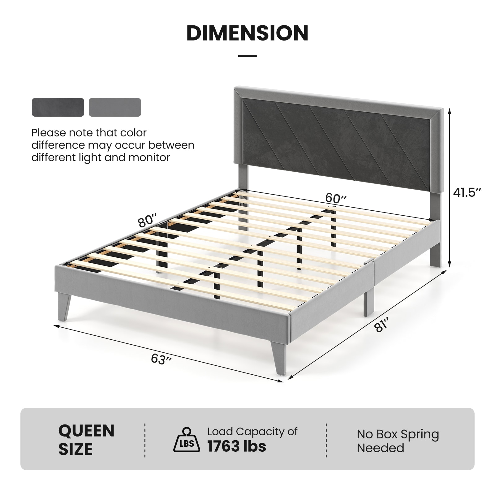 Slickblue Modern Gray and Black Velvet Upholstered Platform Bed with ...
