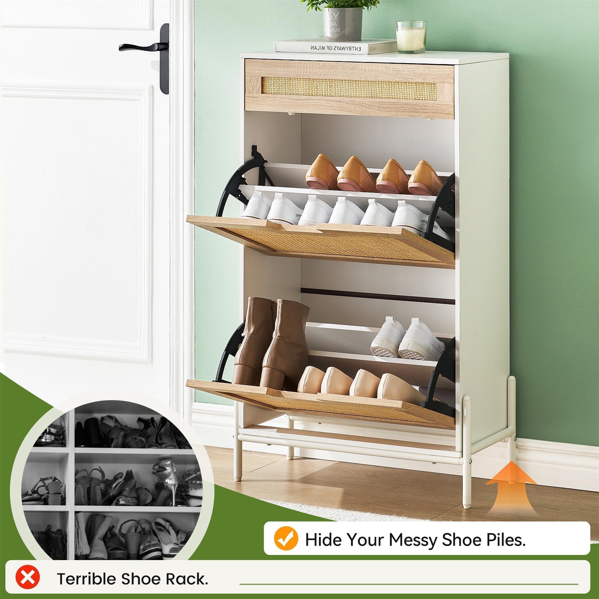 Garvee Farmhouse Rattan Shoe Cabinet 3-Tier Slim Wooden Shoe Rack with ...