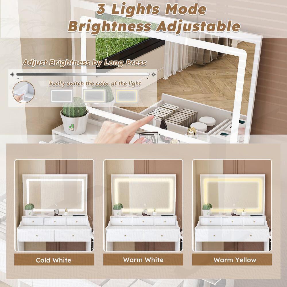 SunJet Large White Vanity Desk for Bedroom with 5 Drawers Adjustable ...