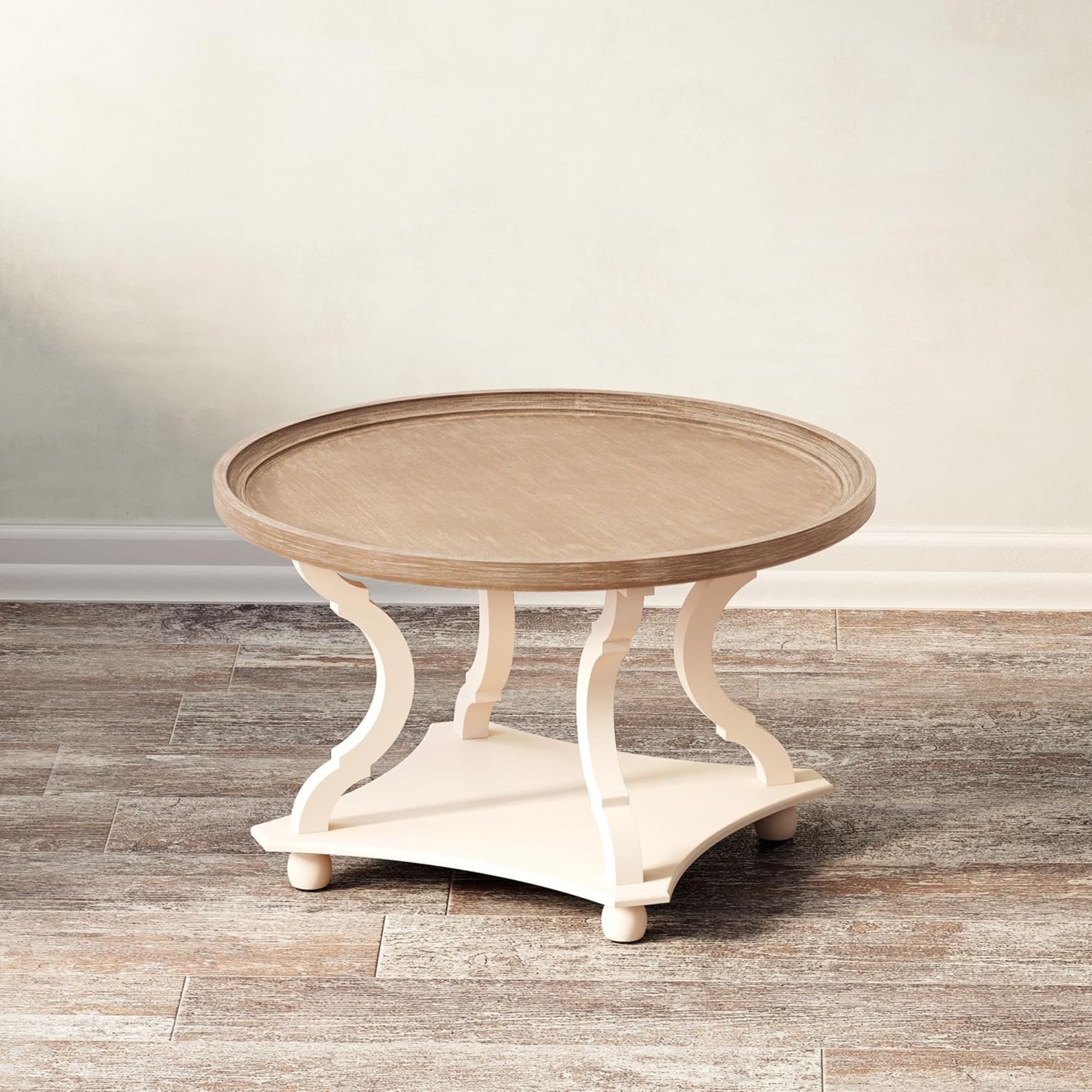 COZAYH Round Rustic Coffee Table Wood Tray Top Accent Centerpiece ...