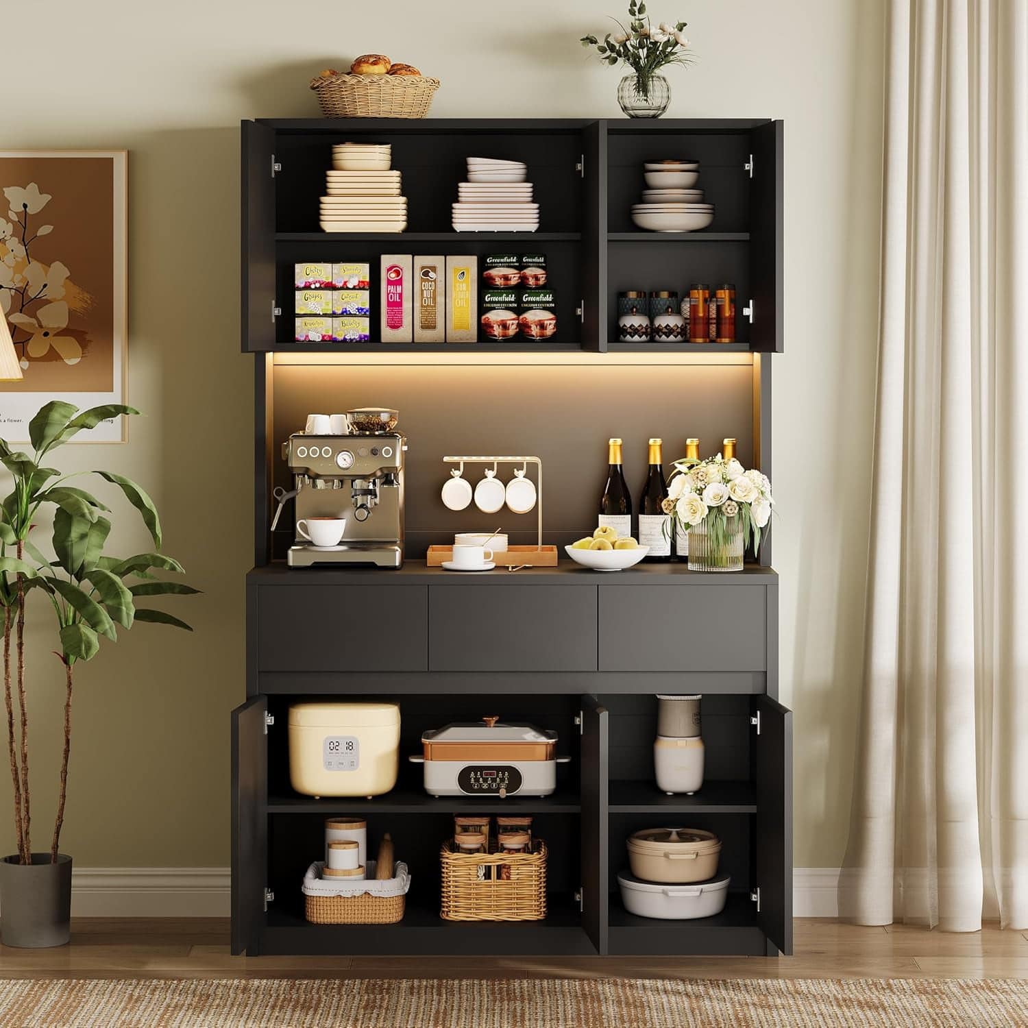 Garvee 70Inch Black Pantry Cabinet with Charging Station and Open ...