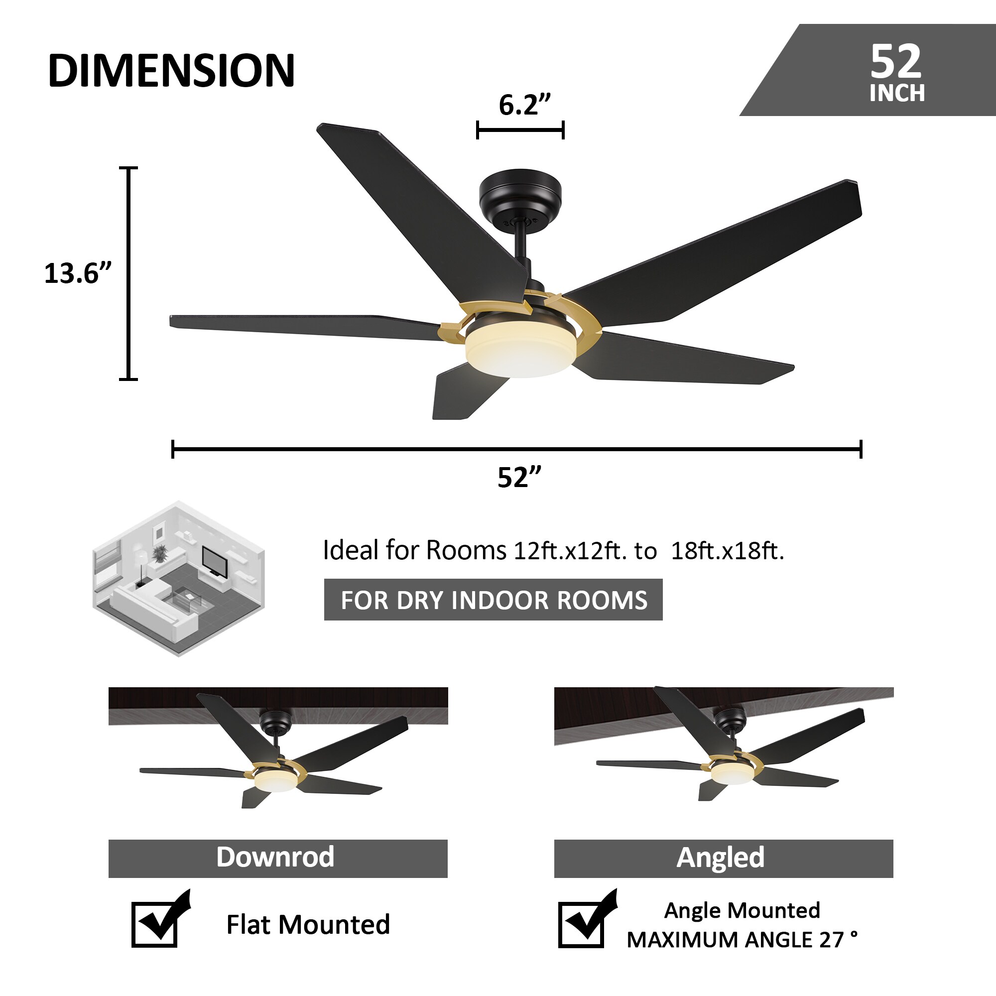 CARRO USA Lanceston 52-in Black Indoor Ceiling Fan with Light and ...