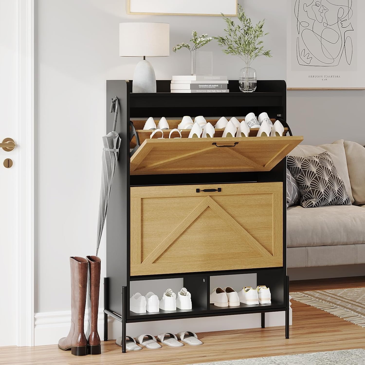 Garvee Farmhouse Shoe Storage Cabinet with Metal Legs Open Storage and ...