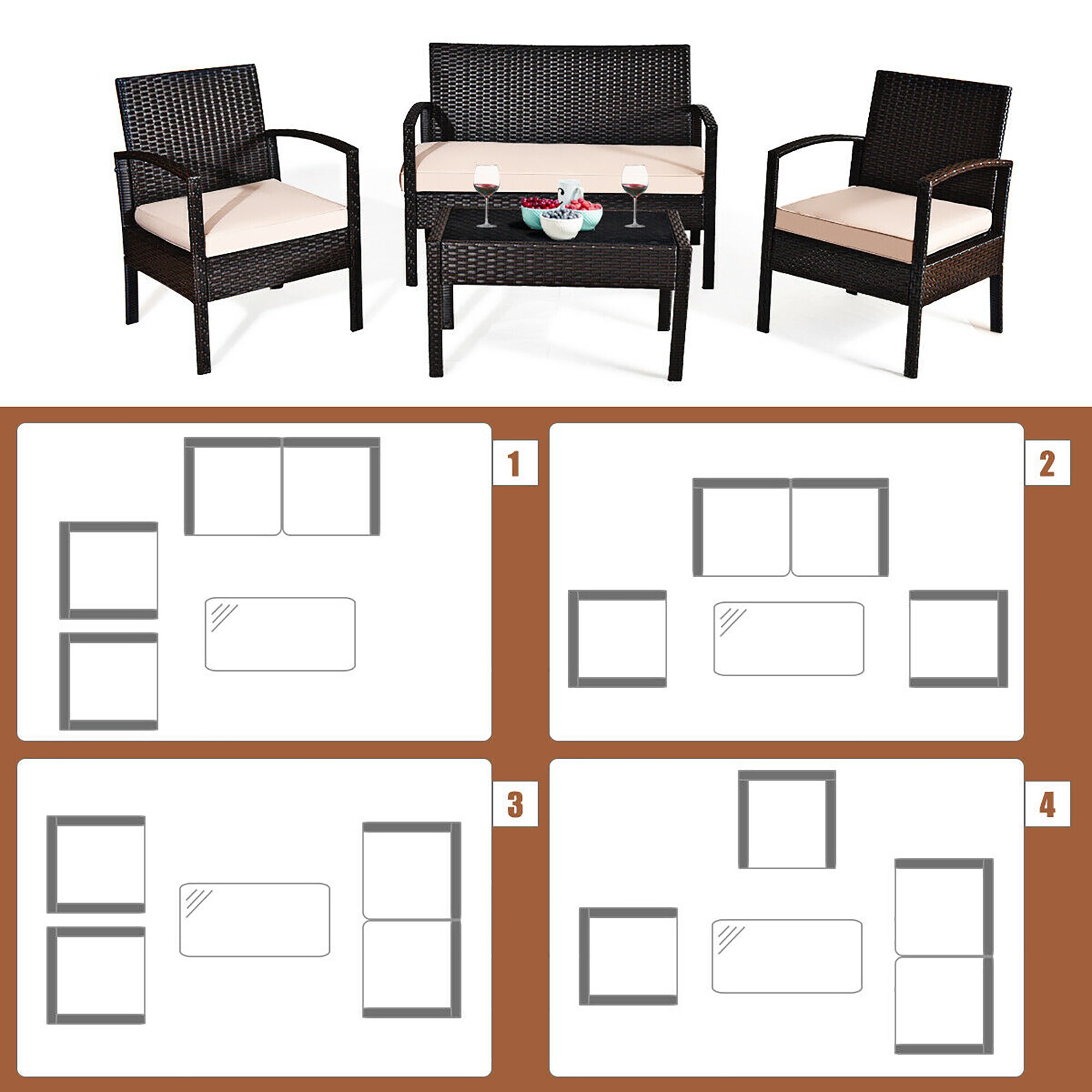 CASAINC 4 Piece Rattan Patio Conversation Set with Off white Cushions in the Patio Conversation Sets department at Lowes