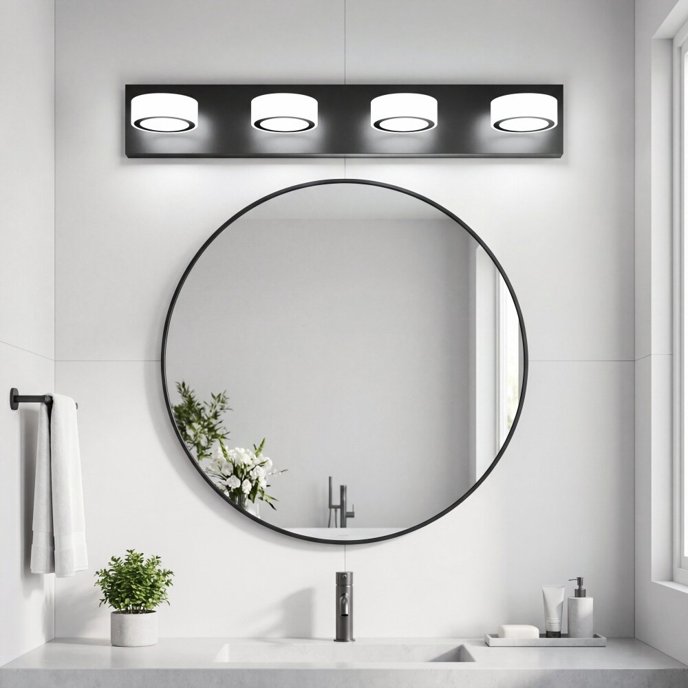 Basdien 29 in Black LED Vanity Light 4 Light White Round Acrylic Shade ...