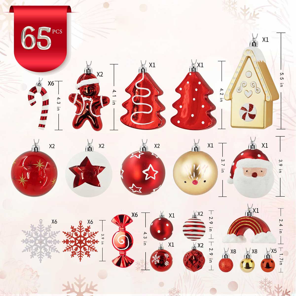 Aoibox 65pcs Christmas Ornament Set Shatterproof Plastic Baubles ...