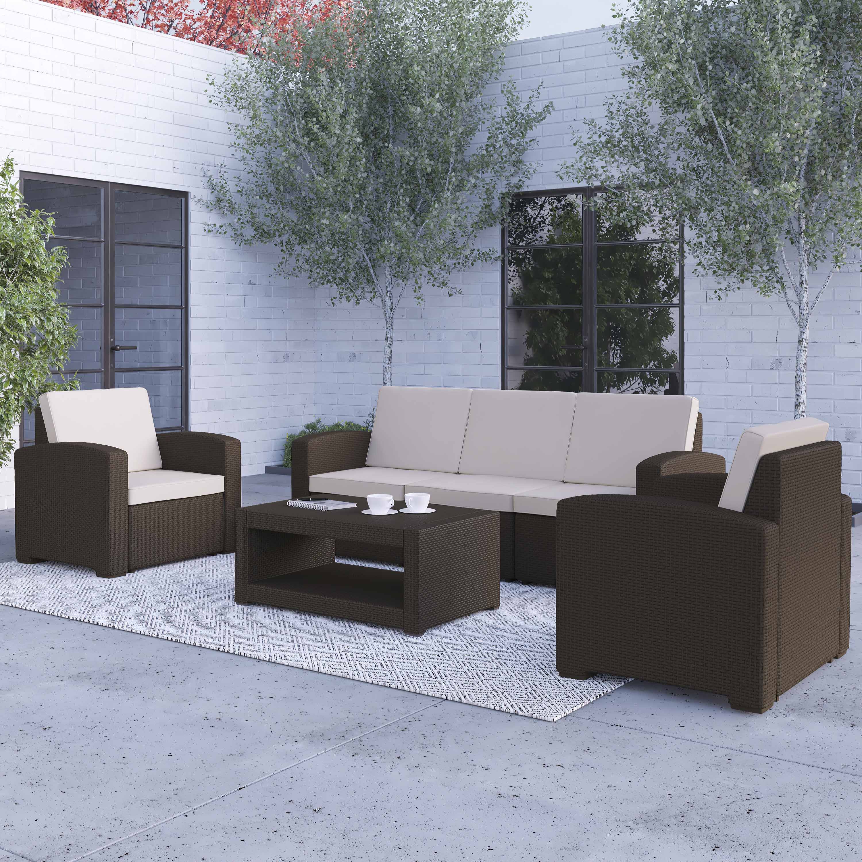 Merrick Lane Vivian 4 Piece Chocolate Brown Faux Rattan Patio Furniture ...