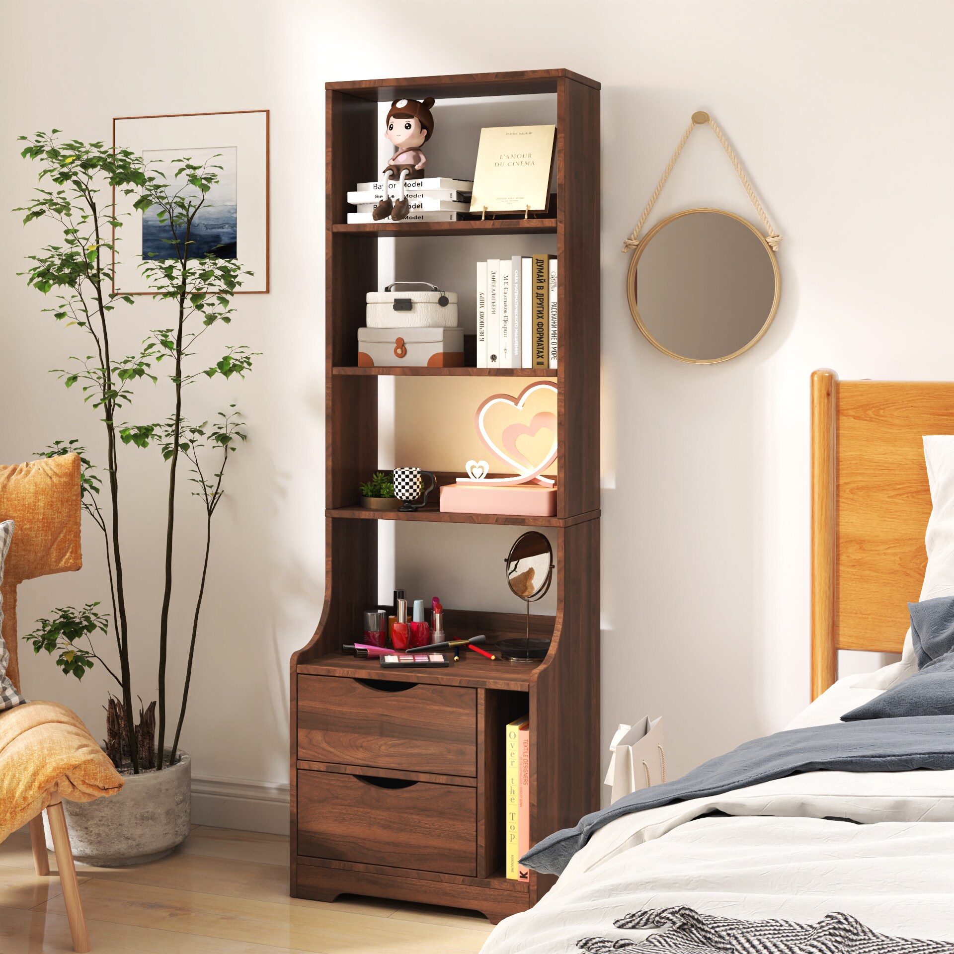 Tatayosi Bedroom Night Stand with 2 Storage Drawers and Bookshelf ...