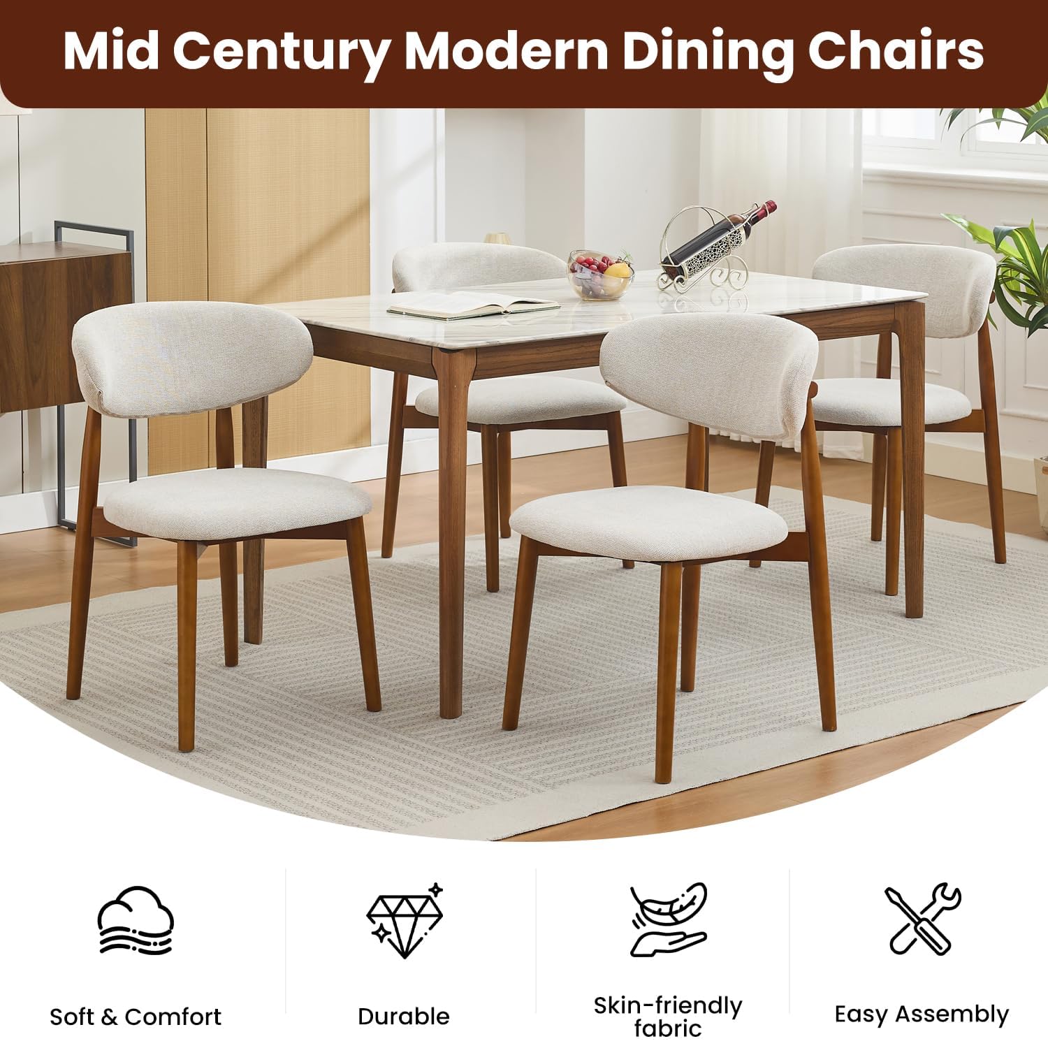 GarveeLife Set of 2 Wooden Dining Chairs Mid Century Modern Upholstered ...