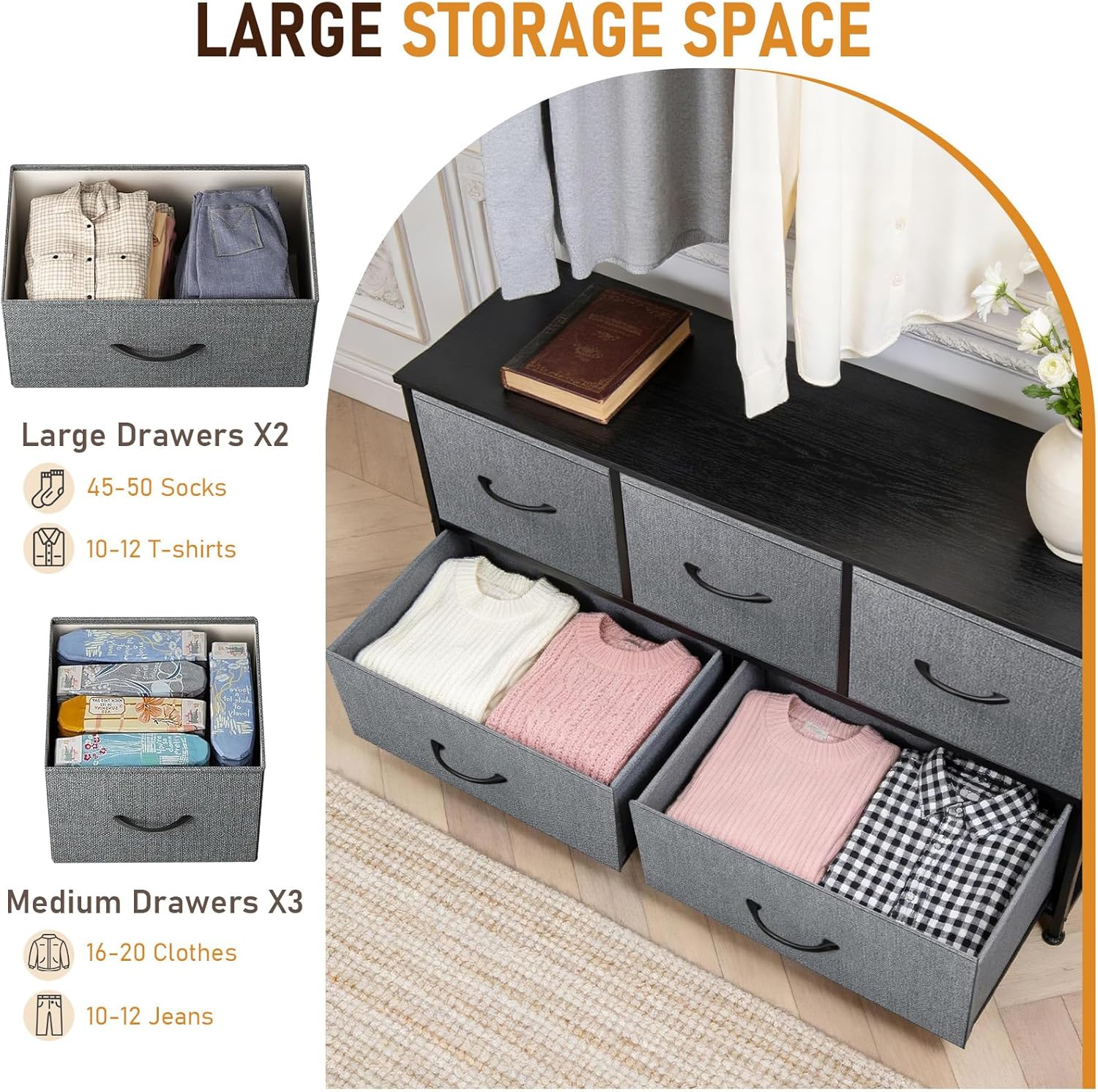 Garvee 5 Drawer Fabric Storage Dresser with Adjustable Feet Sturdy ...