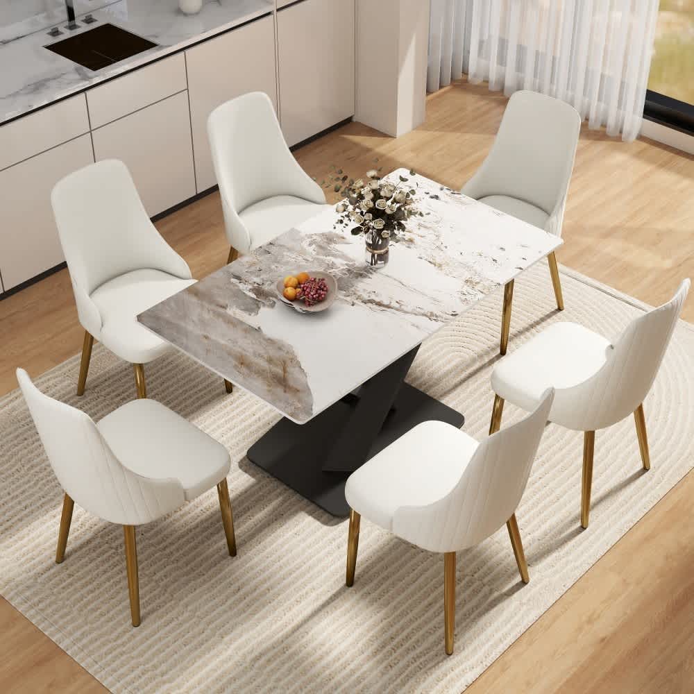 Coolbibila 55 Inch Modern Dining Table for 6 White Rectangular Sintered ...