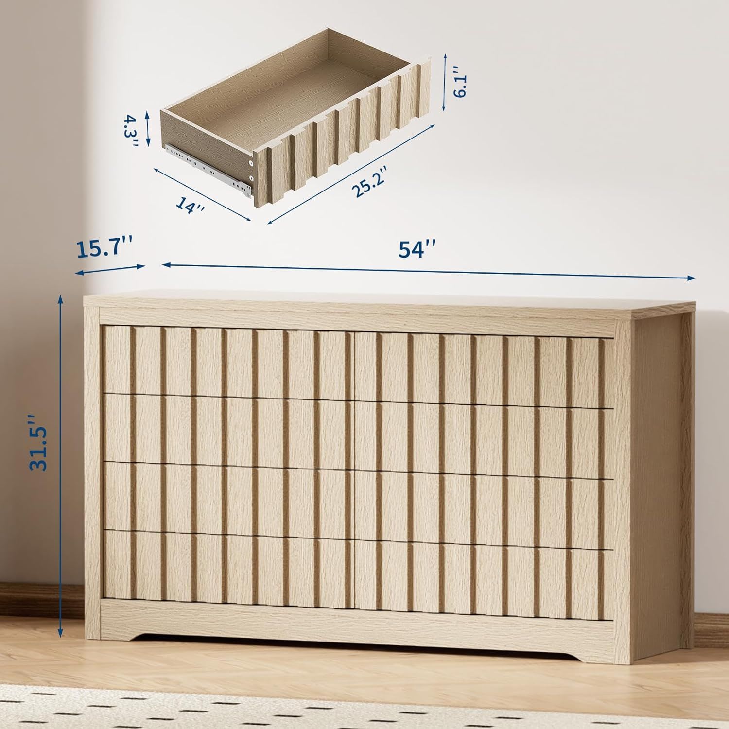 IdealHouse Modern Natural Oak Fluted Dresser With 8 Drawers Handleless ...