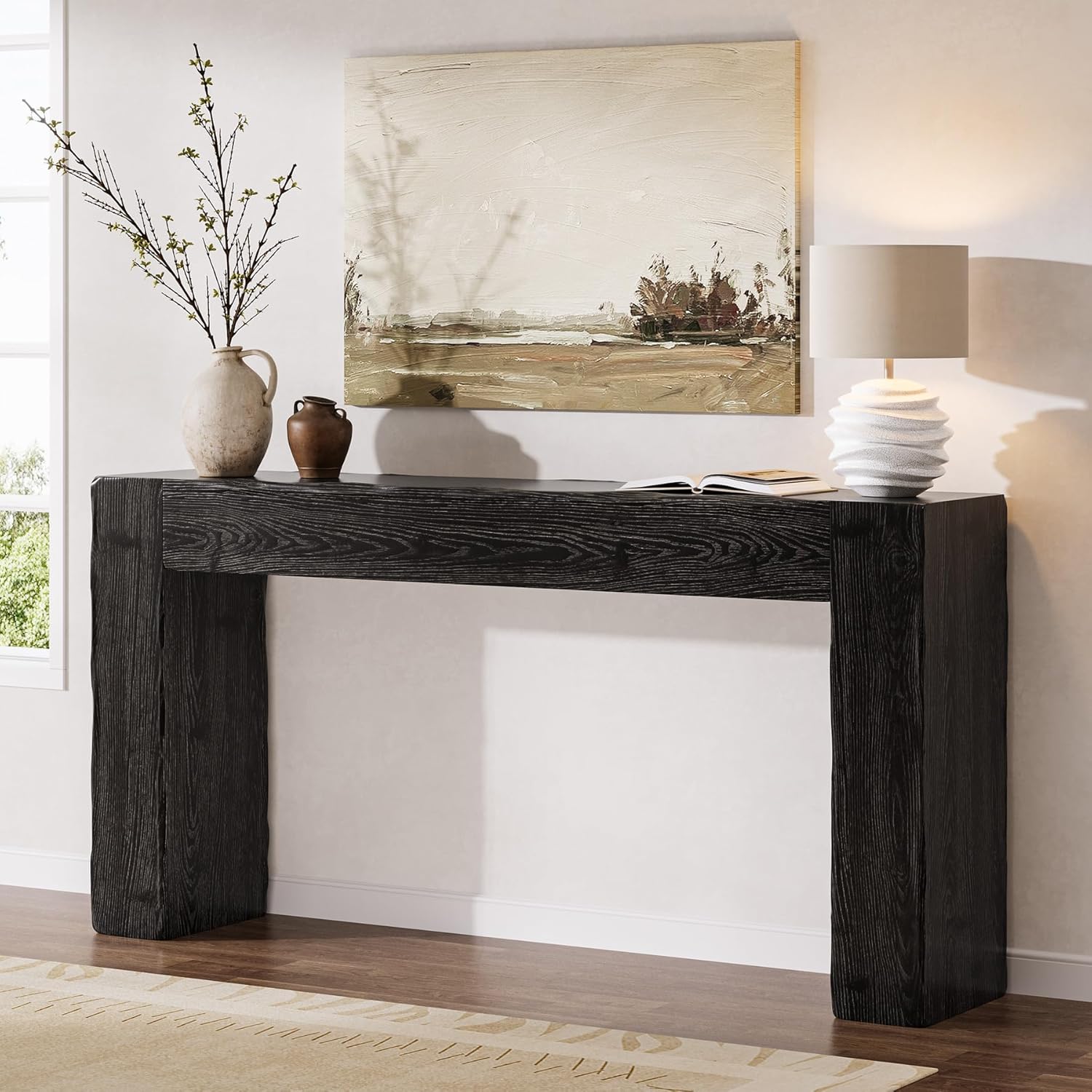 LITTLE TREE 63 Inch Farmhouse Black Solid Wood Console Table Behind ...