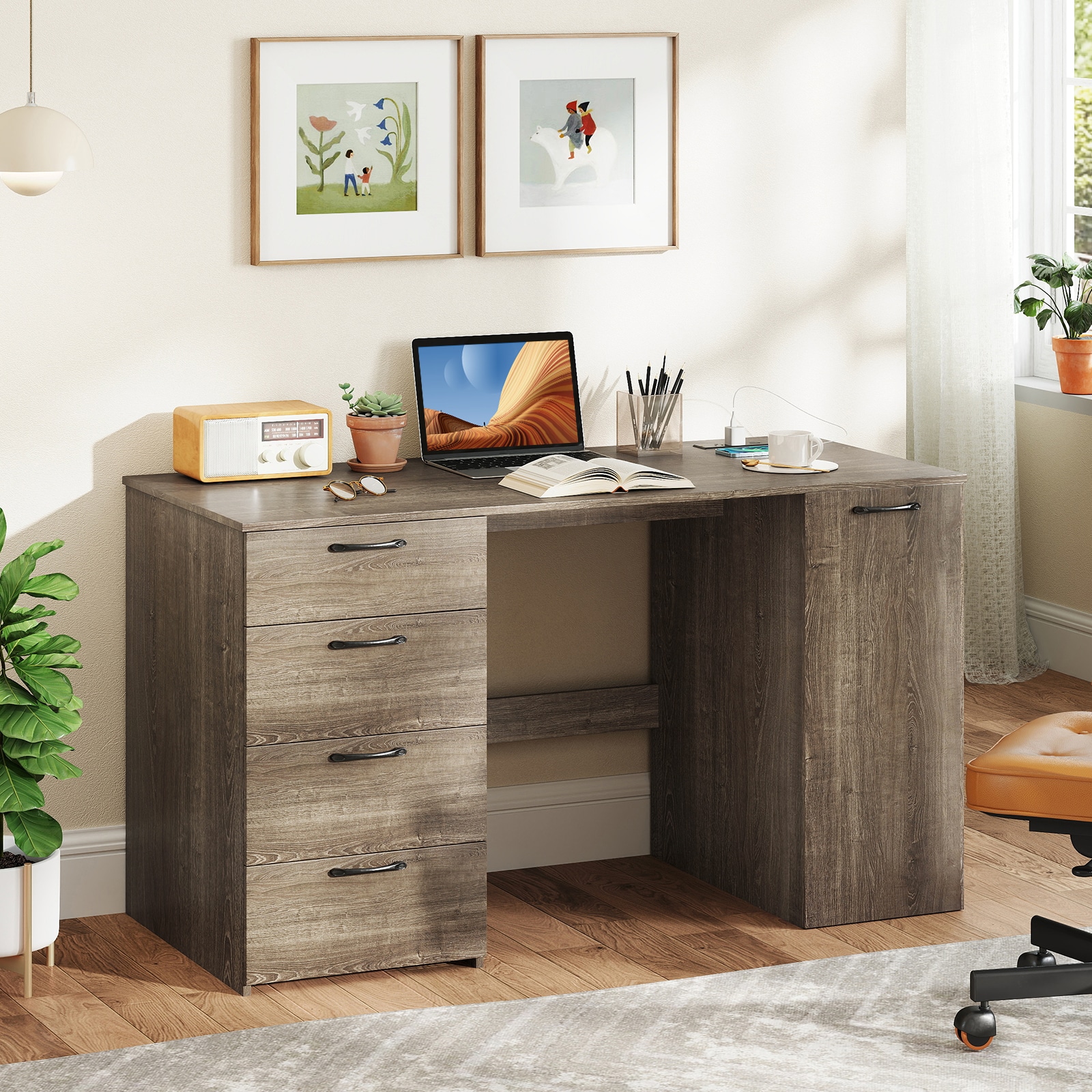 Volenca 53-in Computer Desk with Power Outlets 4 Drawers and Side ...