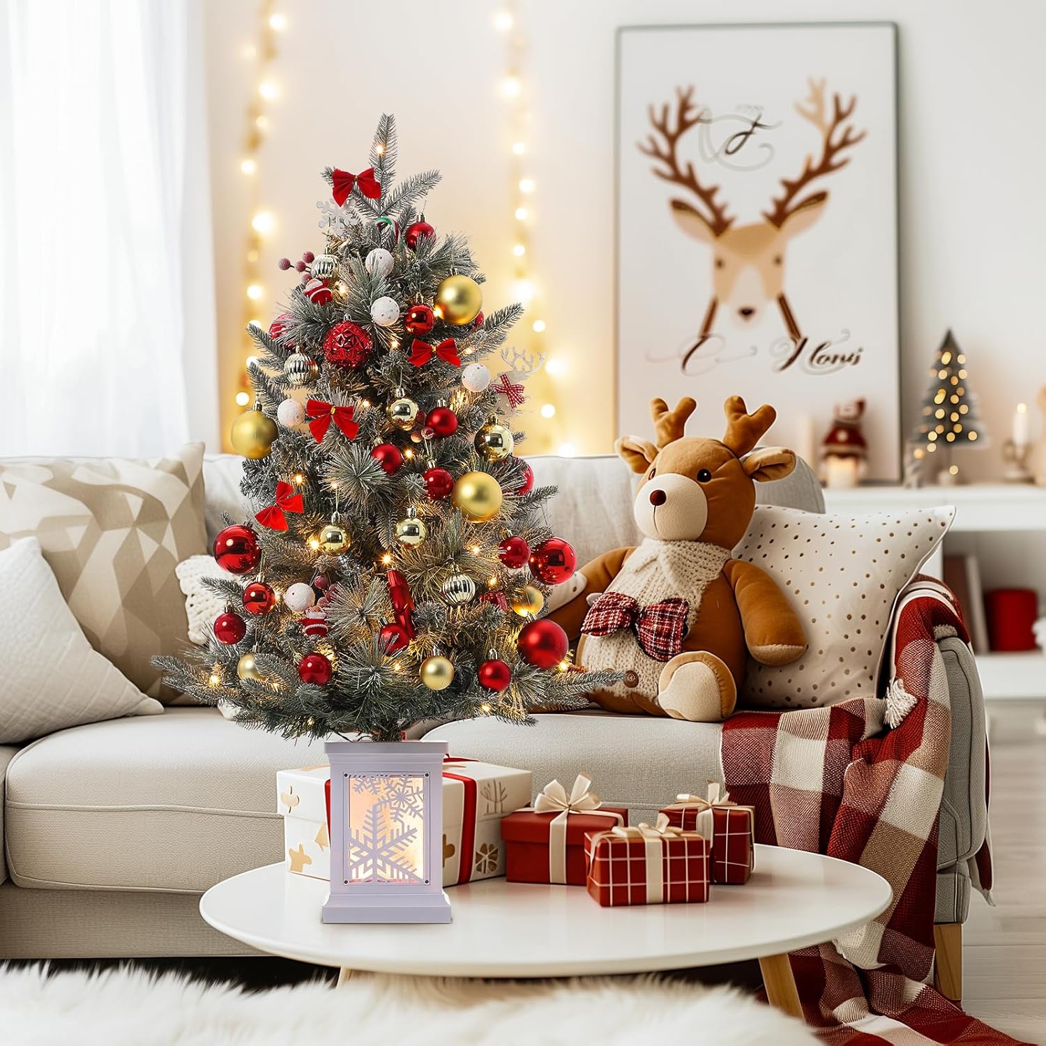 Qeetex Christmas Tree 3 FT Prelit Artificial 78 Warm LED Lights Red ...